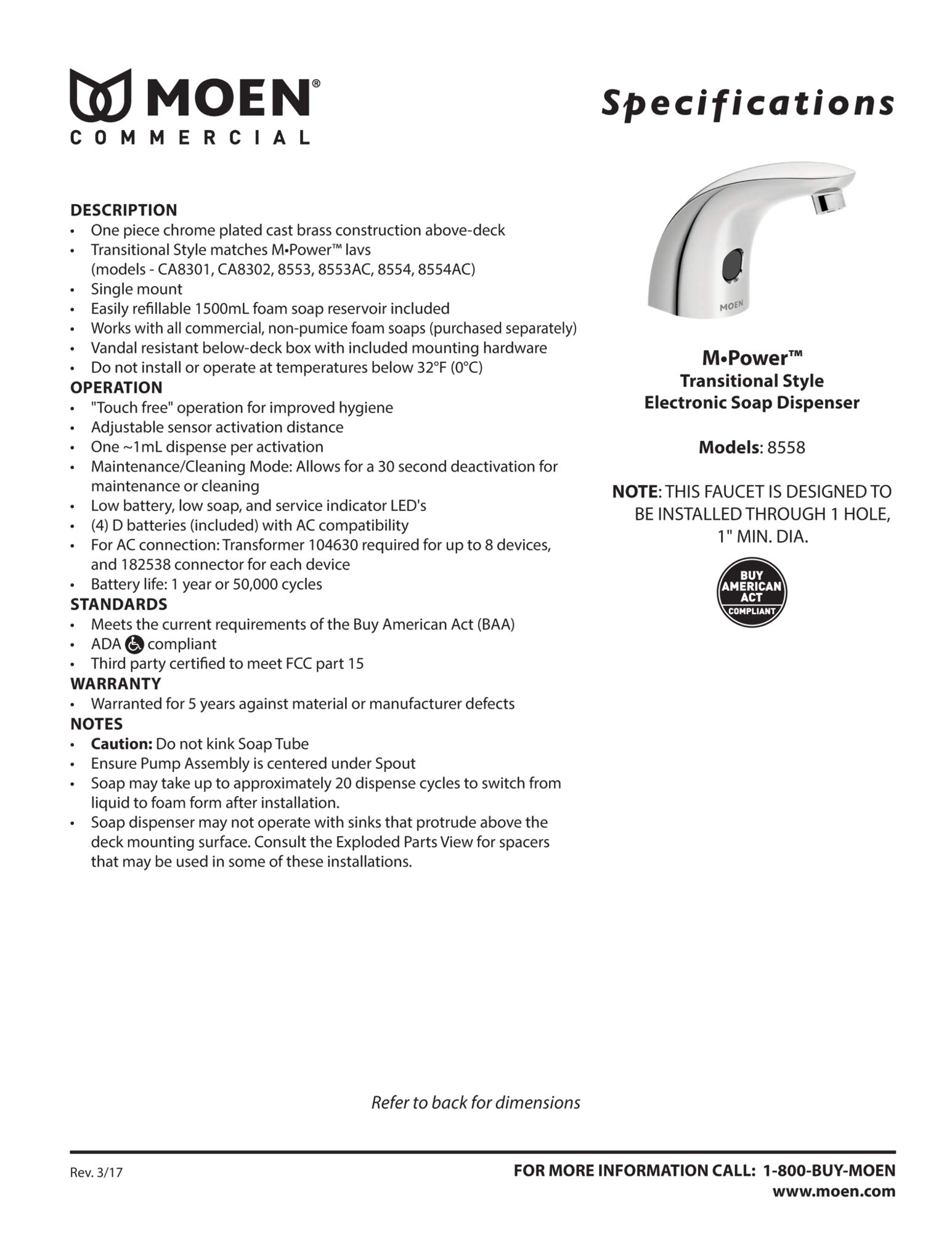 Moen 8558 M-Power Commercial Deck Mounted Touchless Hands-Free Foam Soap Dispenser, Chrome