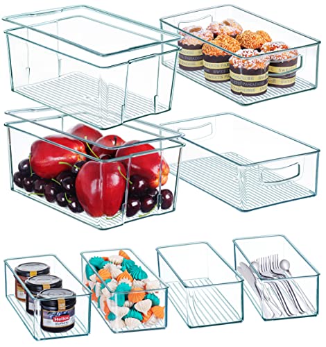 Hudgan 8 PACK Multi-size Clear Storage Bins Set, Stackable Pantry Organization and Storage Containers with 2 Lids, Perfect for The Home Edit and Cabinet Organizers