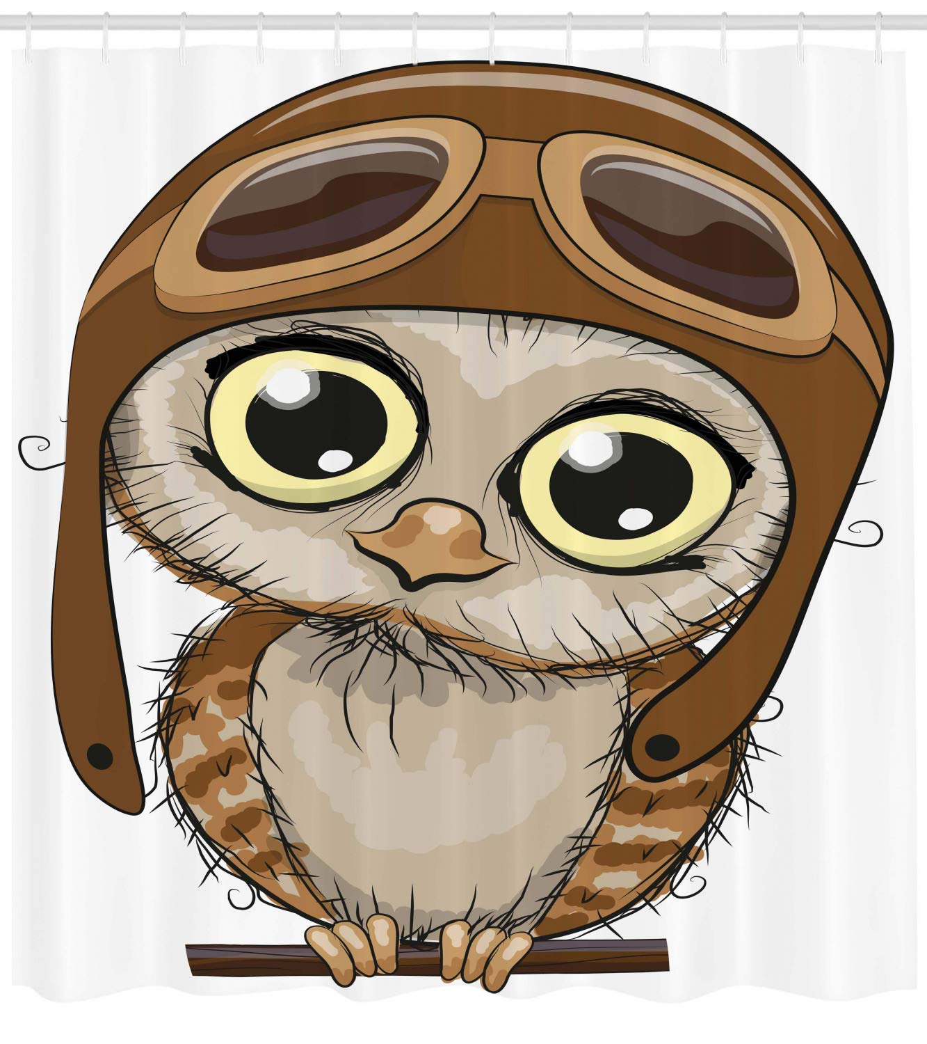 Ambesonne Owls Shower Curtain, Owl in Pilot Hat Big Eyes Caricature Characters Wildlife Humor Comic, Cloth Fabric Bathroom Decor Set with Hooks, 69" W x 70" L, Yellow Brown Cocoa