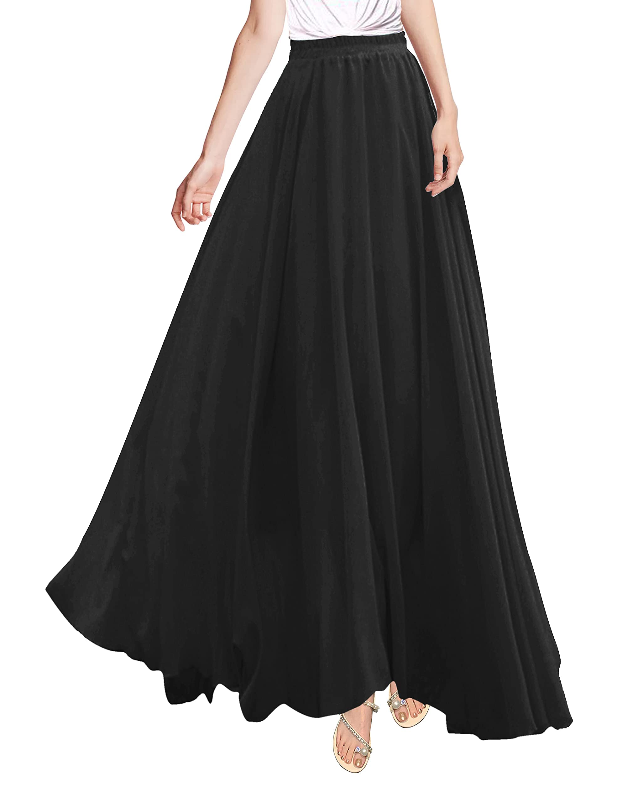 v28 Women Full/Ankle Length Flowy Elastic Retro High Waisted Long Chiffon Maxi Skirt (3XL,Black)