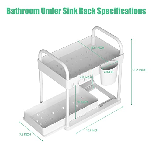 2 PACK Under Kitchen Sink Organizers and Storage, 2 Tier Under Sink Organizer for Bathroom Cabinet, Undersink Organizer Sliding Drawer with Hooks, Hanging Cup for Narrow Space By SMATHOM, White