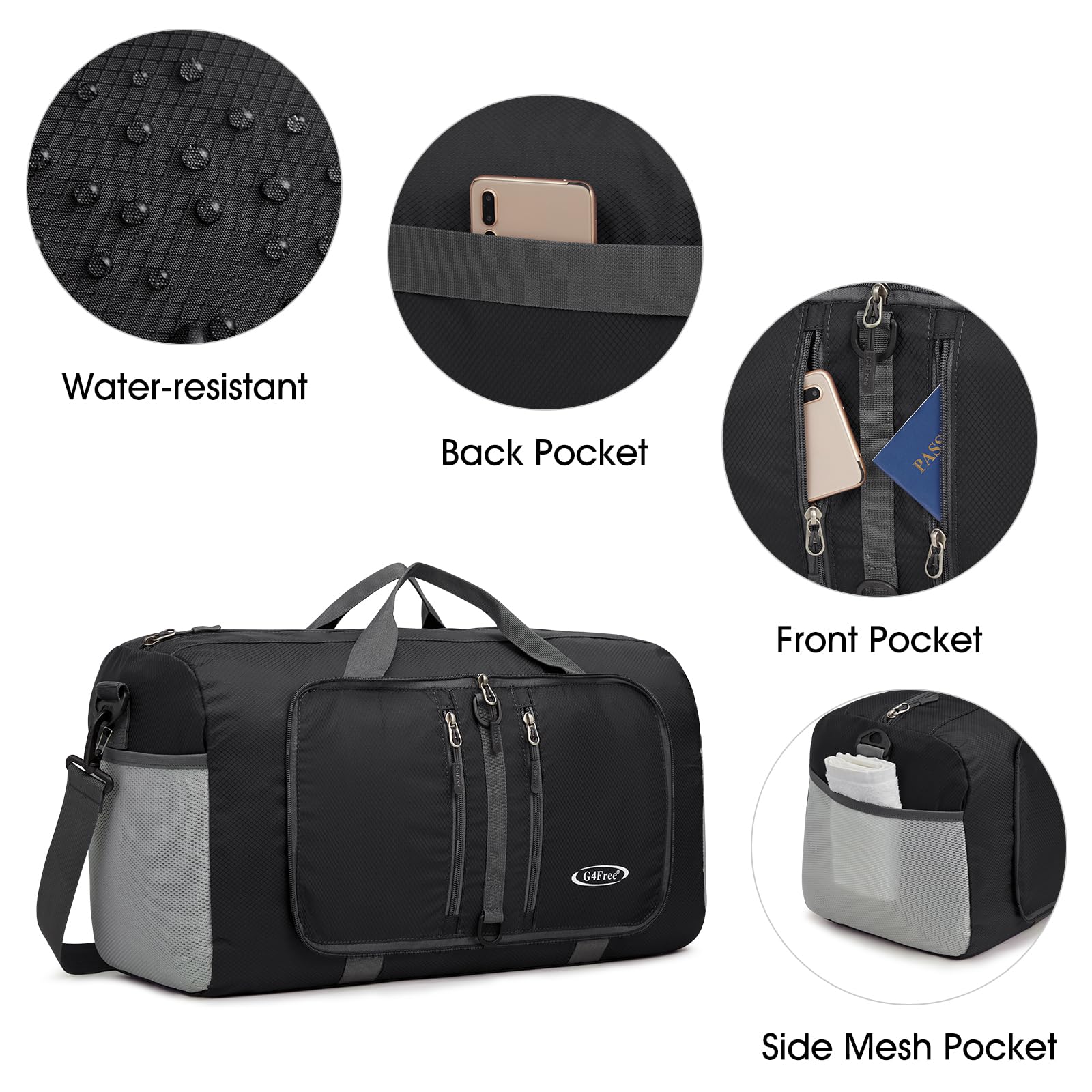 G4Free 40L/65L Foldable Duffel Bag, Water-Repellent Travel Backpack, Lightweight Carry Bag for Overnight Weekender Sports Men Women, Balck, 40L