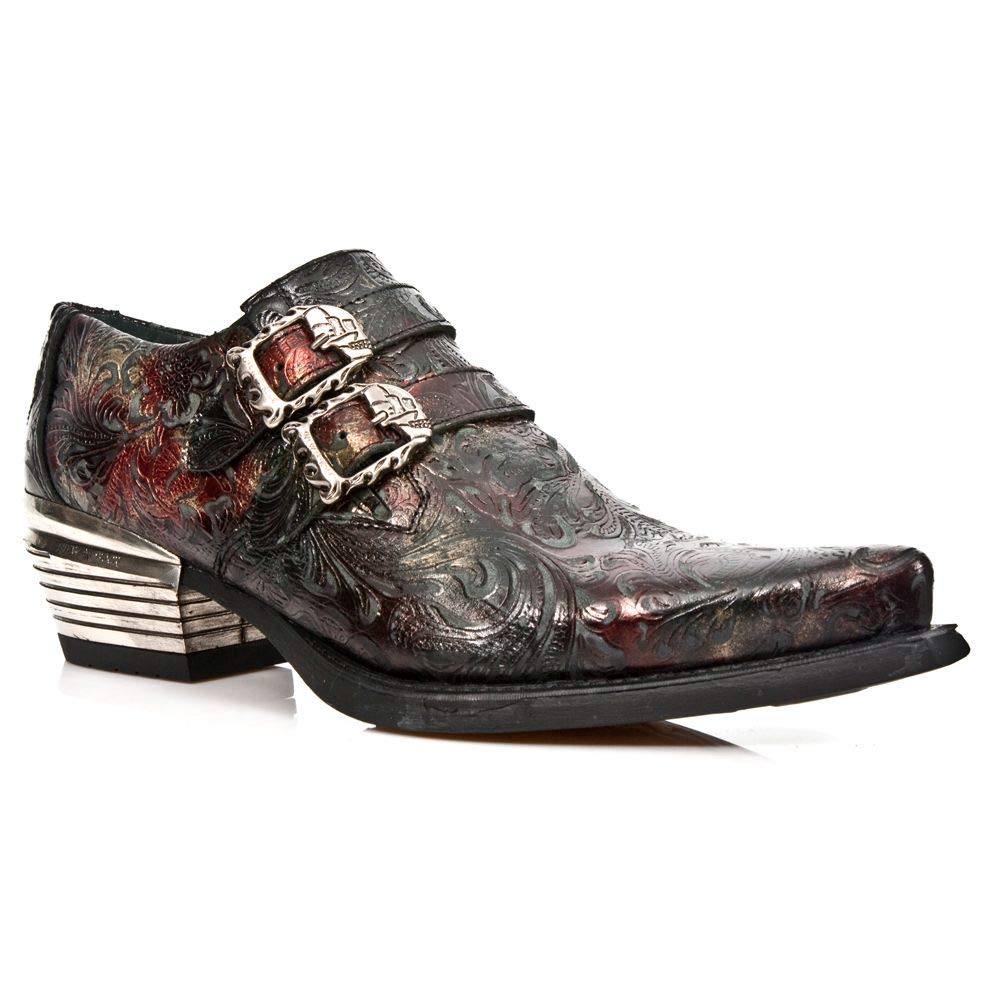New Rock 7960-S5 Embossed Vintage Black, Red Leather Buckle Steel Heel Shoes 41