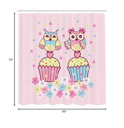 Ambesonne Owls Shower Curtain, 2 Owl Couples on Cupcakes Springtime Happiness Romantic Art, Cloth Fabric Bathroom Decor Set with Hooks, 69" W x 70" L, Pale Pink Sky Blue
