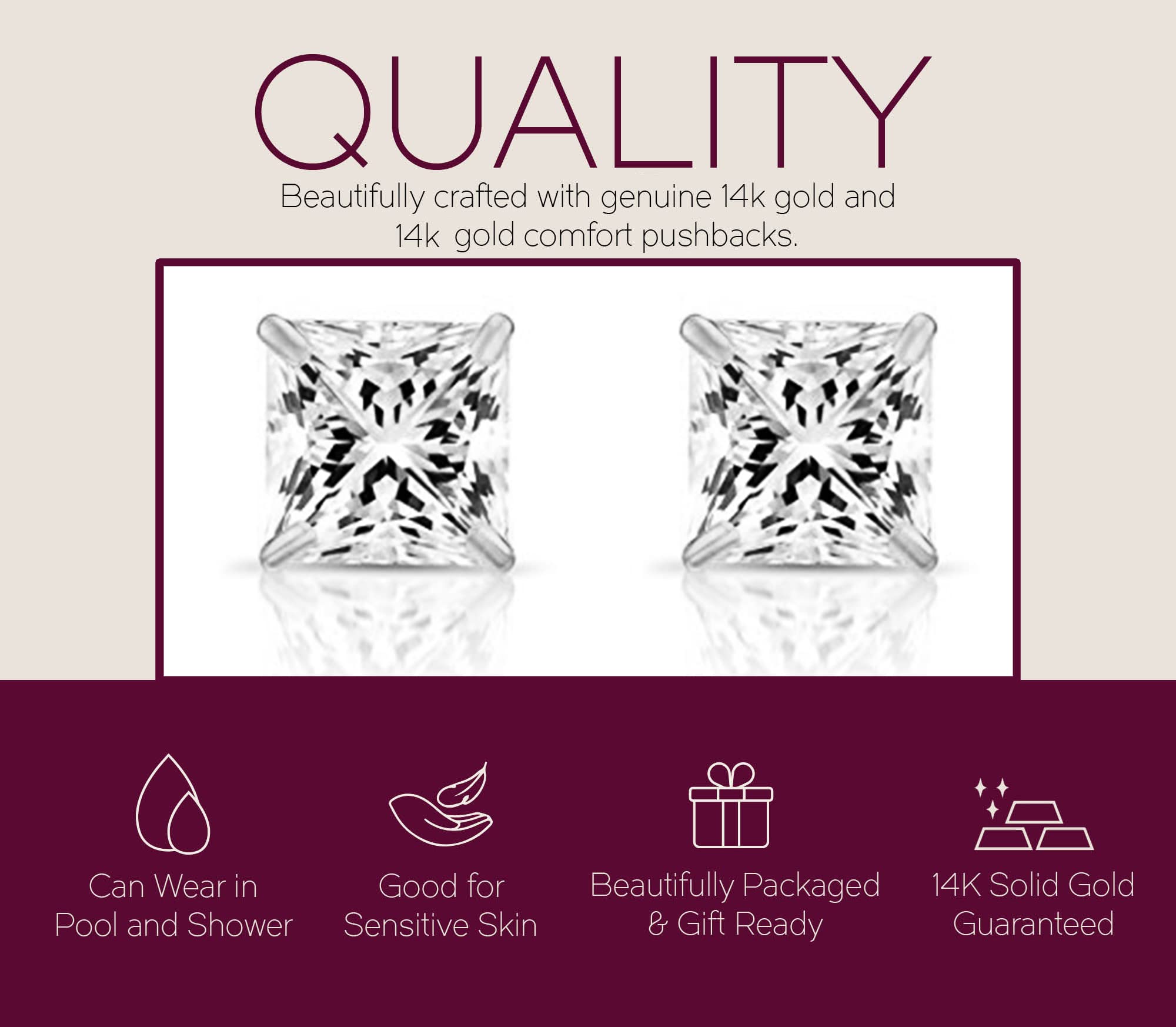 14k White Gold Solitaire Square Princess-cut CZ Stud Earrings with Comfort Screw-backs (3mm)