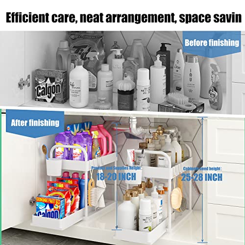 2 PACK Under Kitchen Sink Organizers and Storage, 2 Tier Under Sink Organizer for Bathroom Cabinet, Undersink Organizer Sliding Drawer with Hooks, Hanging Cup for Narrow Space By SMATHOM, White