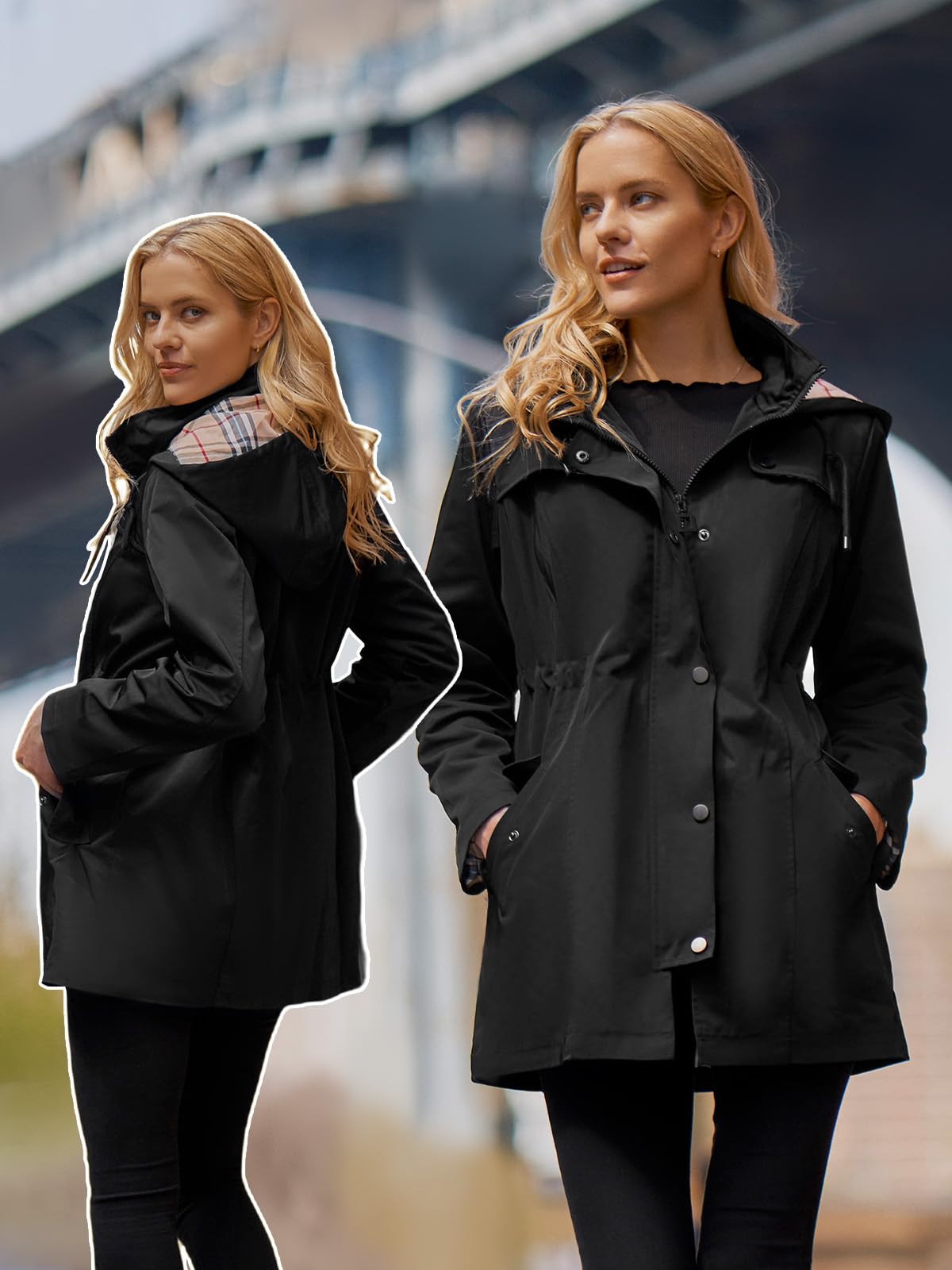SaphiRose Women's Long Hooded Rain Jacket Outdoor Water_resistant Raincoat Windbreaker(Black,Large)