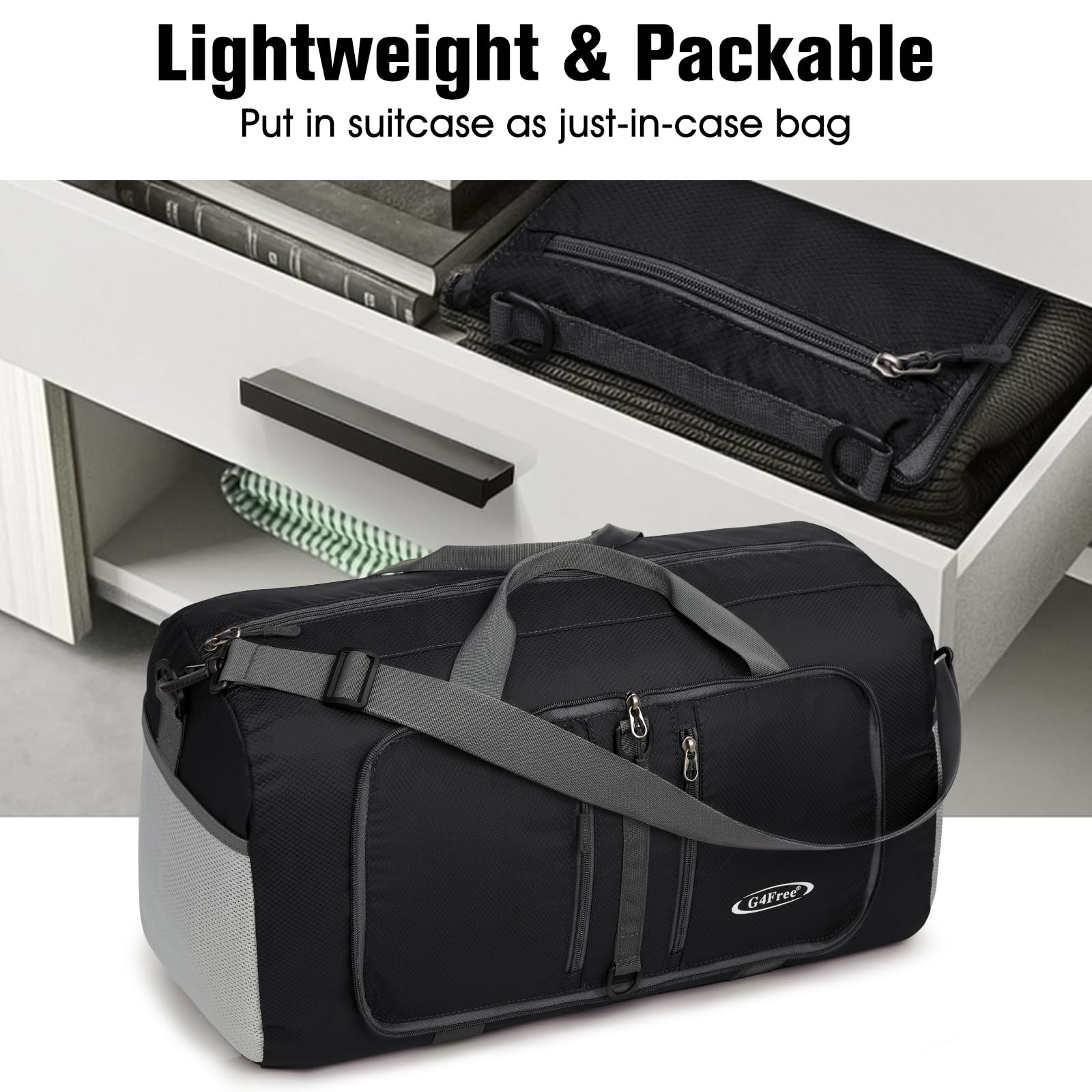 G4Free 40L/65L Foldable Duffel Bag, Water-Repellent Travel Backpack, Lightweight Carry Bag for Overnight Weekender Sports Men Women, Balck, 40L