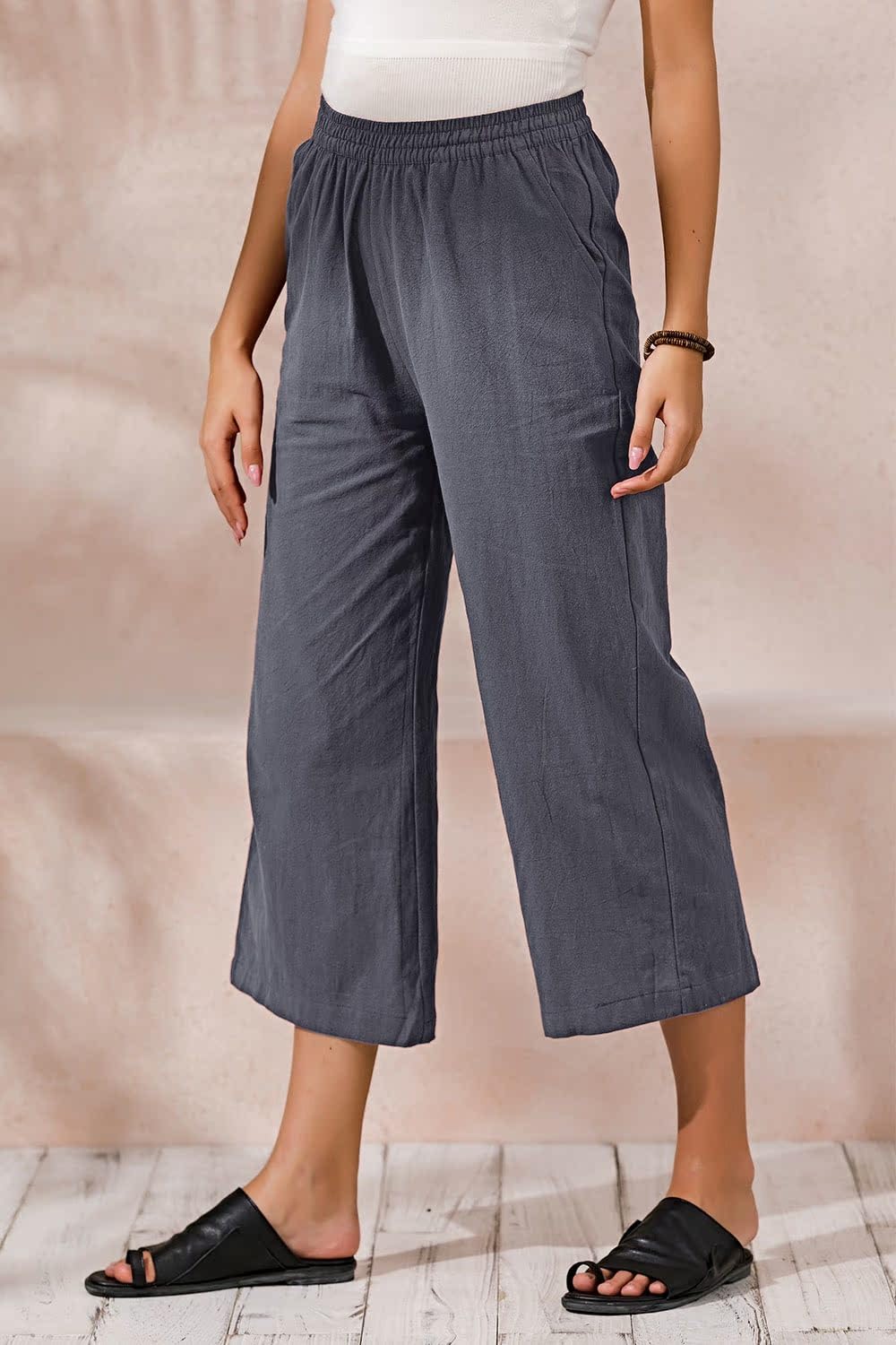 ECUPPER Womens Cotton Cropped Pants Loose Fit Wide Leg Capri Casual Plus Size Elastic Waist Trousers Gray S