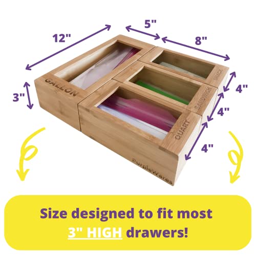 PurpleWares Food Storage Bags Holders β Premium Bamboo Kitchen Drawer Plastic Bag Organizer Dispenser Home Organization Compatible with Gallon, Quart, Sandwich & Snack Variety Size Bags (4 Piece Set)
