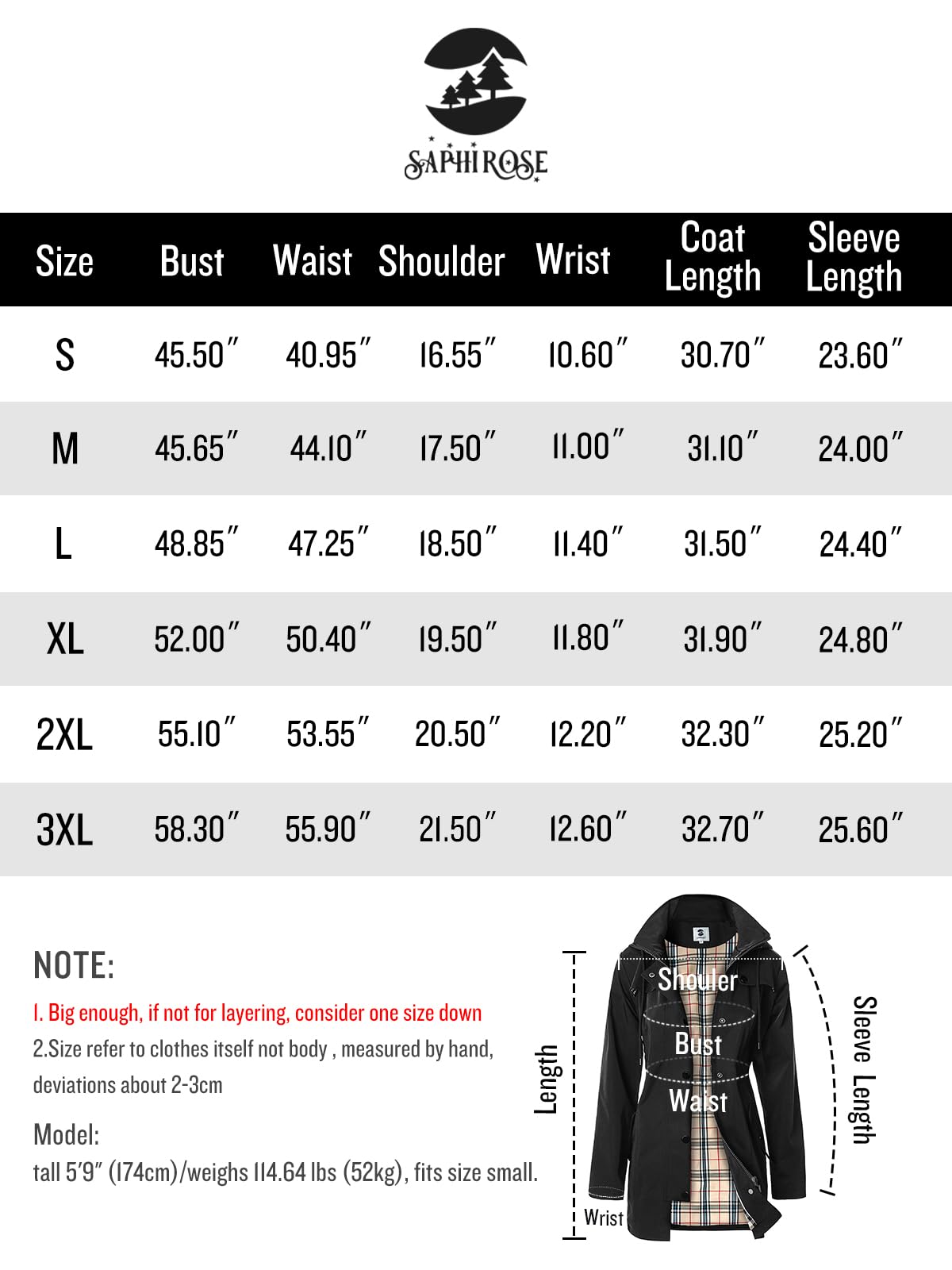 SaphiRose Women's Long Hooded Rain Jacket Outdoor Water_resistant Raincoat Windbreaker(Black,Large)