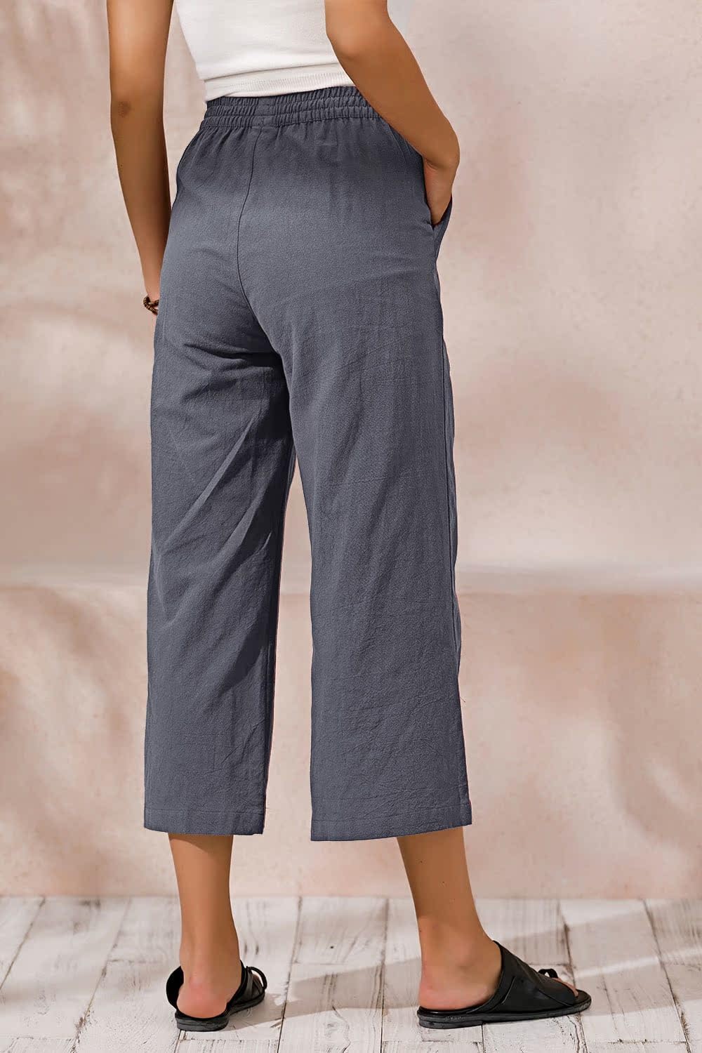ECUPPER Womens Cotton Cropped Pants Loose Fit Wide Leg Capri Casual Plus Size Elastic Waist Trousers Gray S