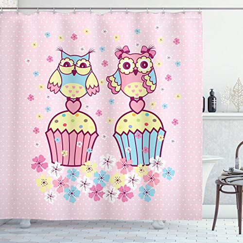 Ambesonne Owls Shower Curtain, 2 Owl Couples on Cupcakes Springtime Happiness Romantic Art, Cloth Fabric Bathroom Decor Set with Hooks, 69" W x 70" L, Pale Pink Sky Blue