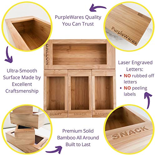 PurpleWares Food Storage Bags Holders β Premium Bamboo Kitchen Drawer Plastic Bag Organizer Dispenser Home Organization Compatible with Gallon, Quart, Sandwich & Snack Variety Size Bags (4 Piece Set)