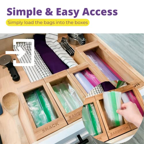 PurpleWares Food Storage Bags Holders β Premium Bamboo Kitchen Drawer Plastic Bag Organizer Dispenser Home Organization Compatible with Gallon, Quart, Sandwich & Snack Variety Size Bags (4 Piece Set)