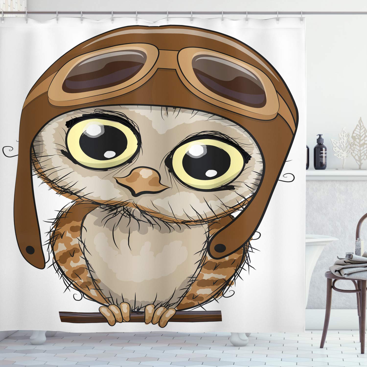 Ambesonne Owls Shower Curtain, Owl in Pilot Hat Big Eyes Caricature Characters Wildlife Humor Comic, Cloth Fabric Bathroom Decor Set with Hooks, 69" W x 70" L, Yellow Brown Cocoa