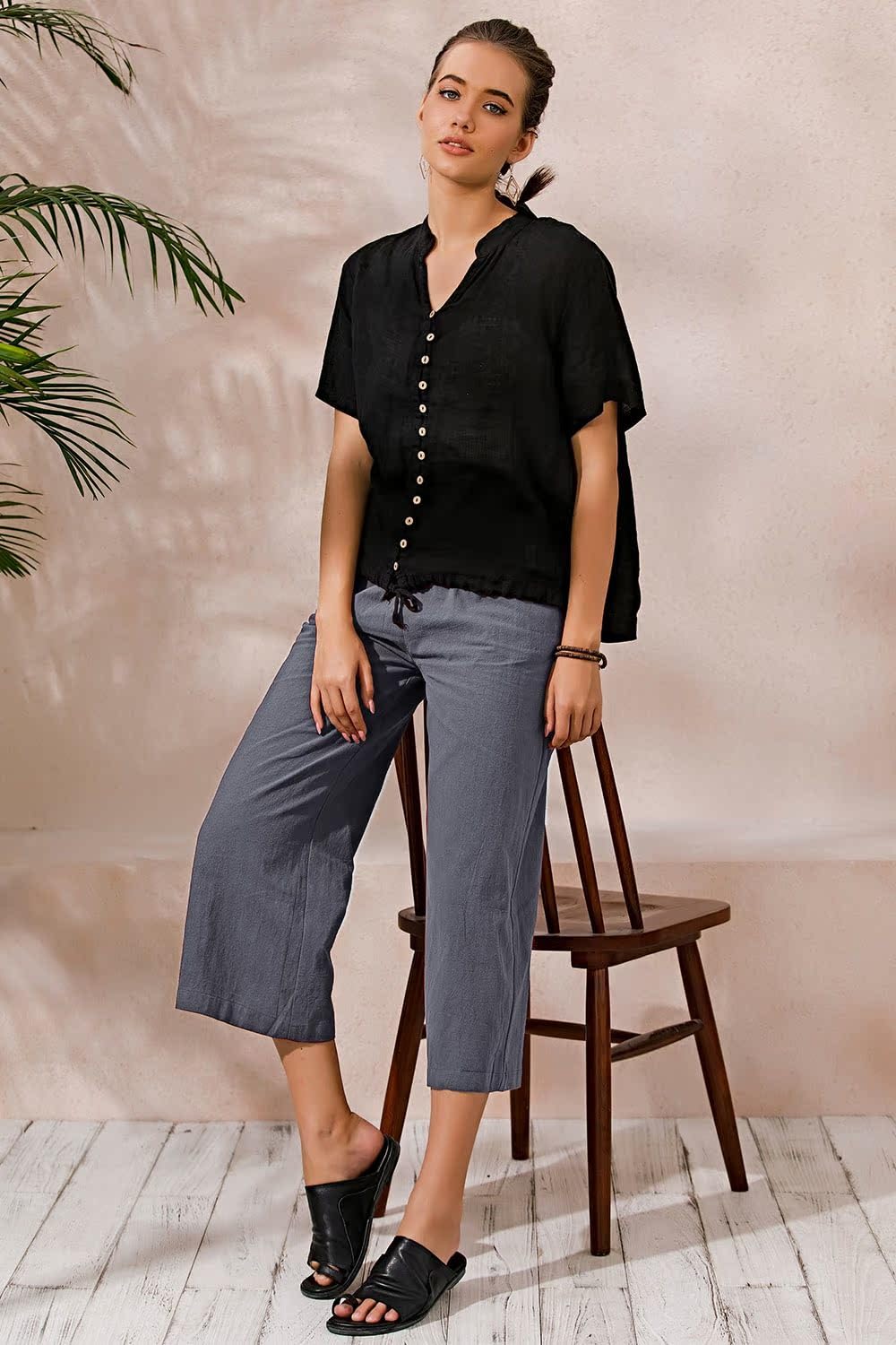 ECUPPER Womens Cotton Cropped Pants Loose Fit Wide Leg Capri Casual Plus Size Elastic Waist Trousers Gray S