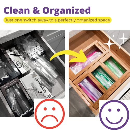 PurpleWares Food Storage Bags Holders β Premium Bamboo Kitchen Drawer Plastic Bag Organizer Dispenser Home Organization Compatible with Gallon, Quart, Sandwich & Snack Variety Size Bags (4 Piece Set)