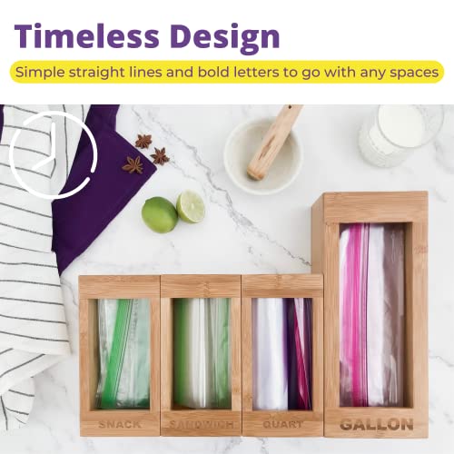 PurpleWares Food Storage Bags Holders β Premium Bamboo Kitchen Drawer Plastic Bag Organizer Dispenser Home Organization Compatible with Gallon, Quart, Sandwich & Snack Variety Size Bags (4 Piece Set)