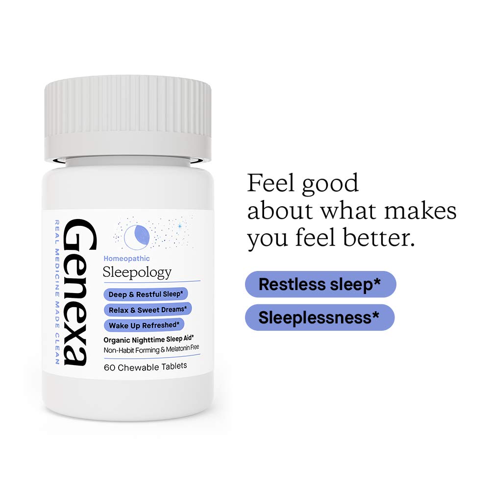 Genexa Sleepology for Adults | Melatonin Free Sleep Calm Aid |Soothing Natural Vanilla & Lavender Flavor | Certified Organic & Non-GMO | Homeopathic Remedy Made Clean | 60 Chewable Tablets