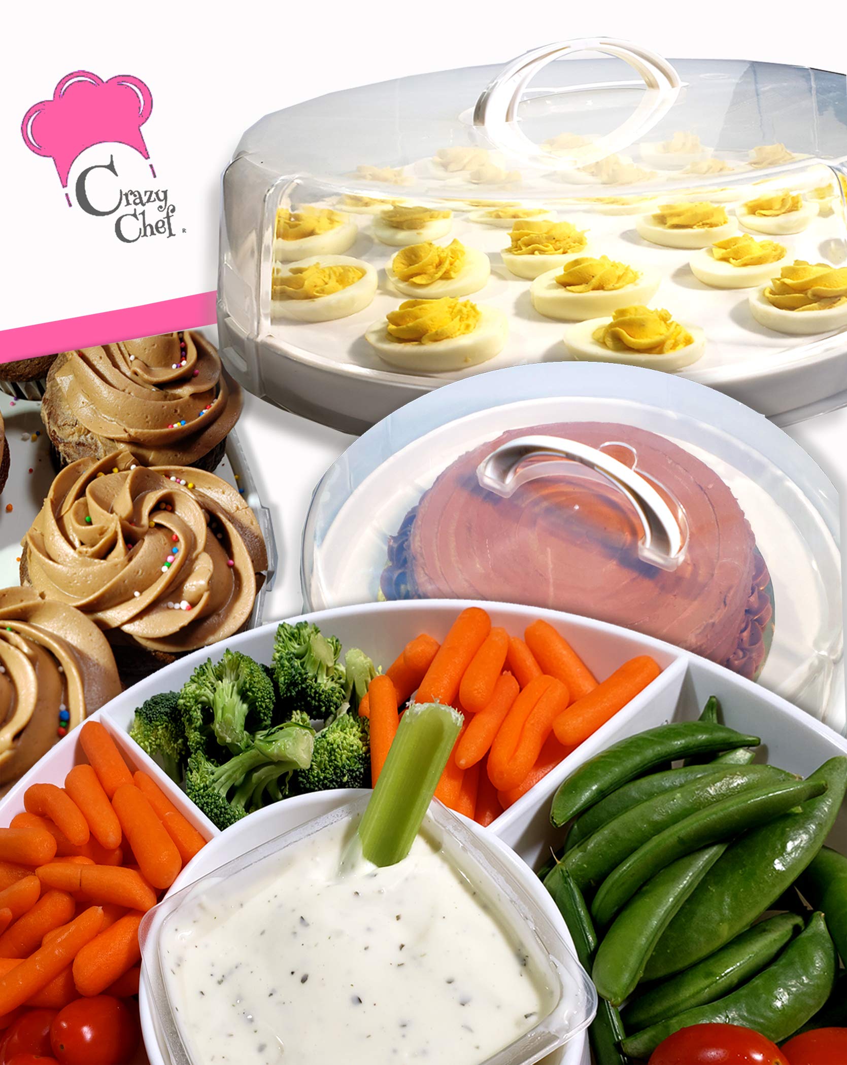 Crazy Chef Premium 6 in 1 Cupcake Carrier with Lid Collapsible Portable Cupcake, Deviled Egg, Pie, Chips and Dip and Cake Container - BPA Free