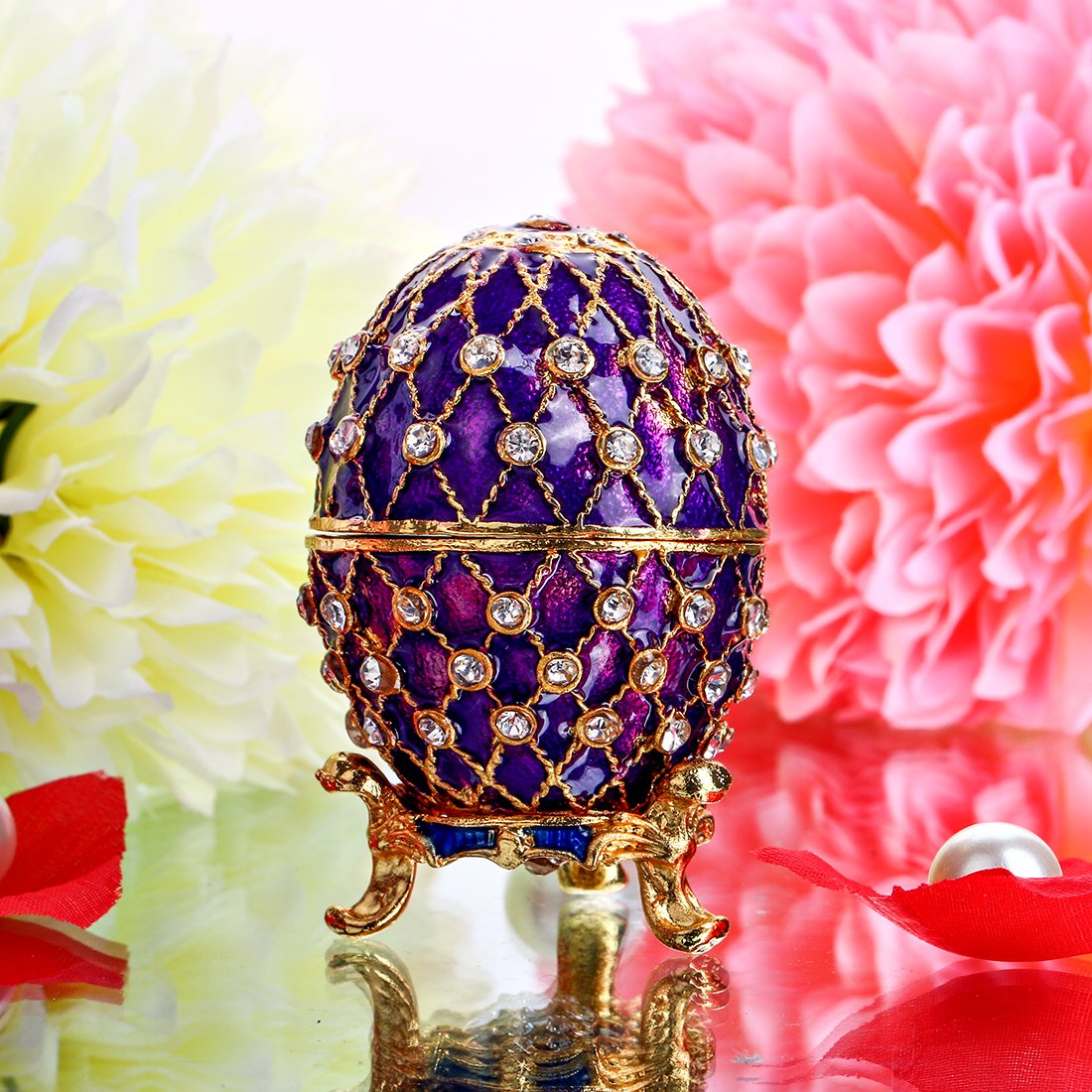 YU FENG Faberge Egg Trinket Box Hinged Jewelry Ring Holder Collectible Figurine Boxes Decorative Egg Crystals (purple)
