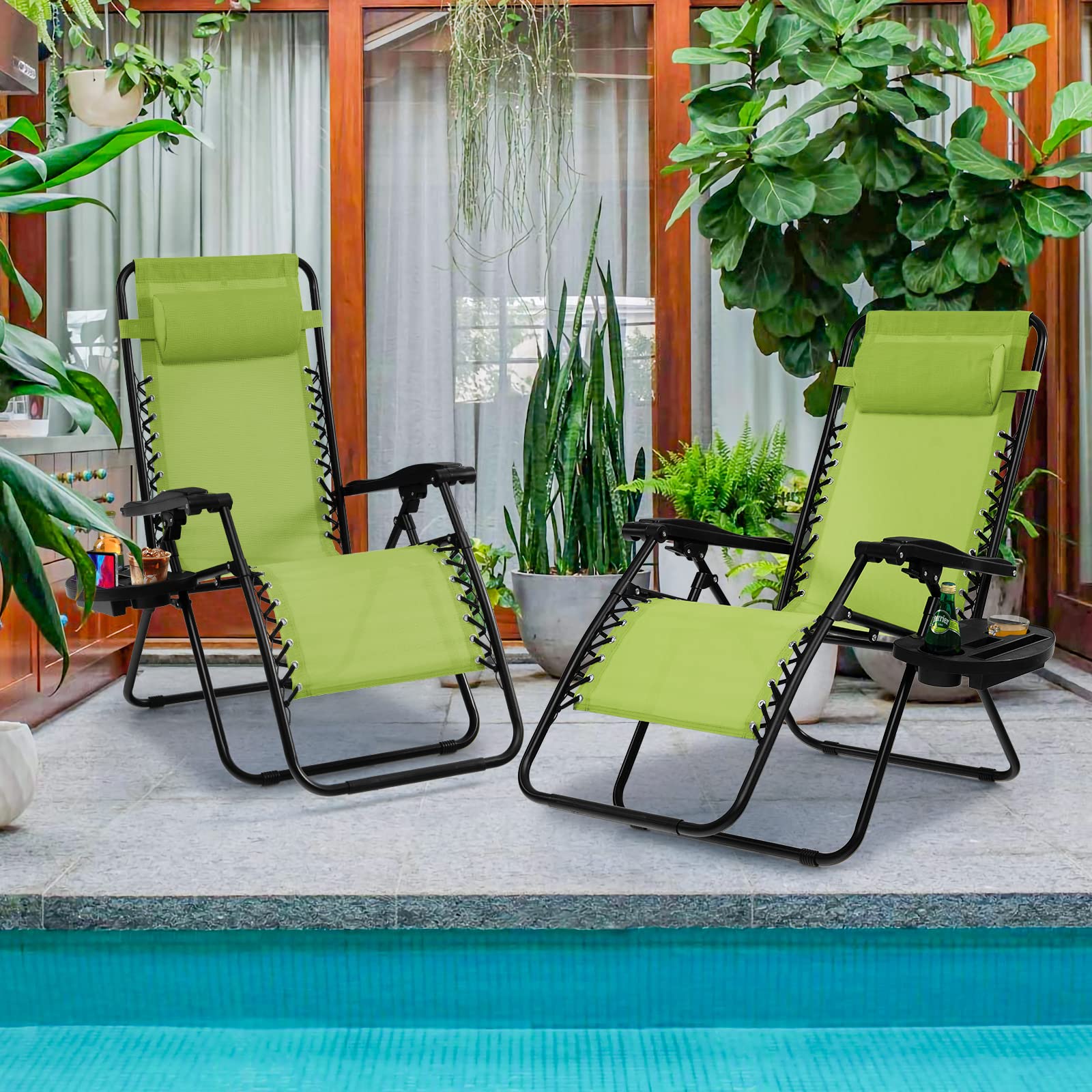 Goplus Zero Gravity Lounge Chairs, 160°Adjustable Folding Recliner w/Pillow and Cup Holder, 350LBS Comfy Outdoor Lounge Chairs for Patio, Lawn, Yard & Camp(1, Green)
