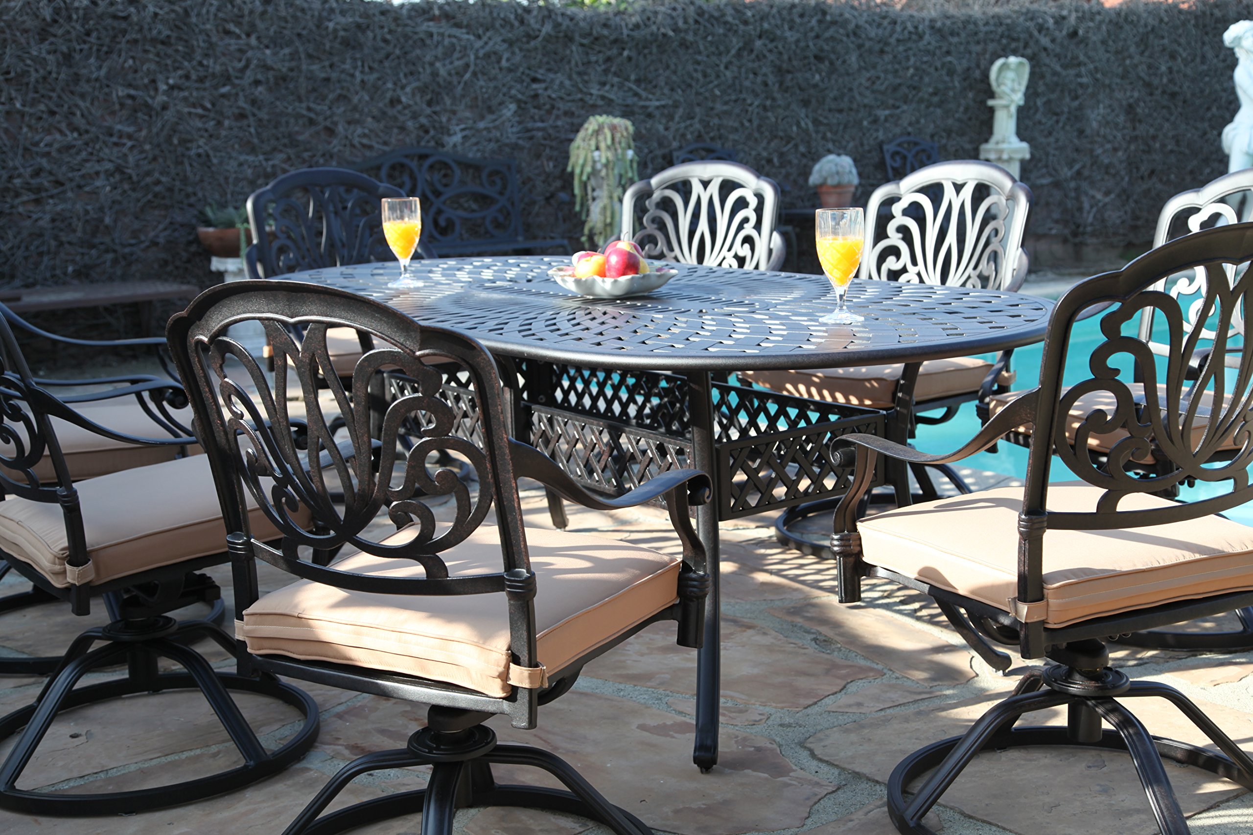 GrandPatioFurniture.com CBM Patio Elisabeth Collection Cast Aluminum 9 Piece Dining Set with 8 Swivel Rockers SH211-8S CBM1290