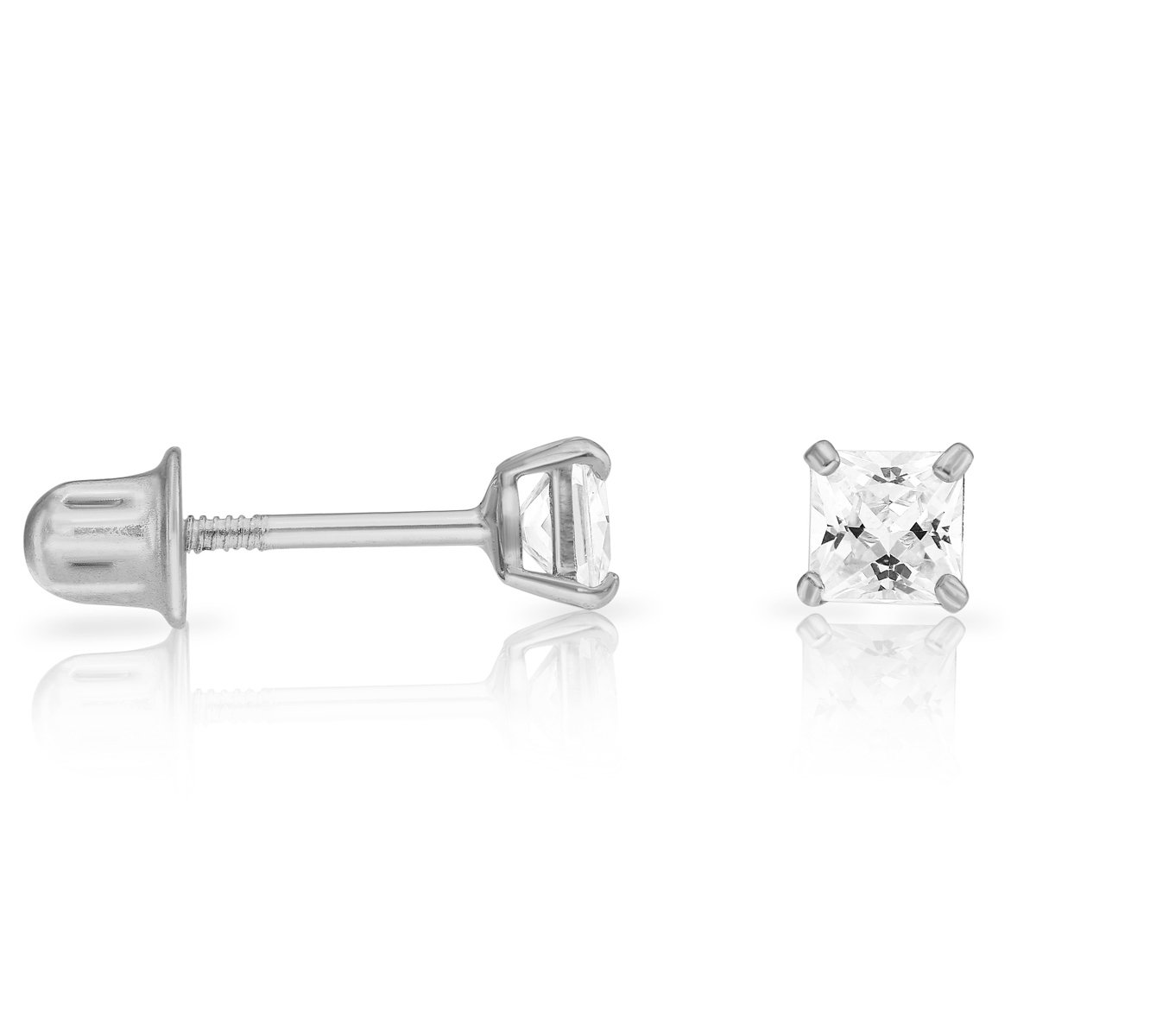 14k White Gold Solitaire Square Princess-cut CZ Stud Earrings with Comfort Screw-backs (3mm)