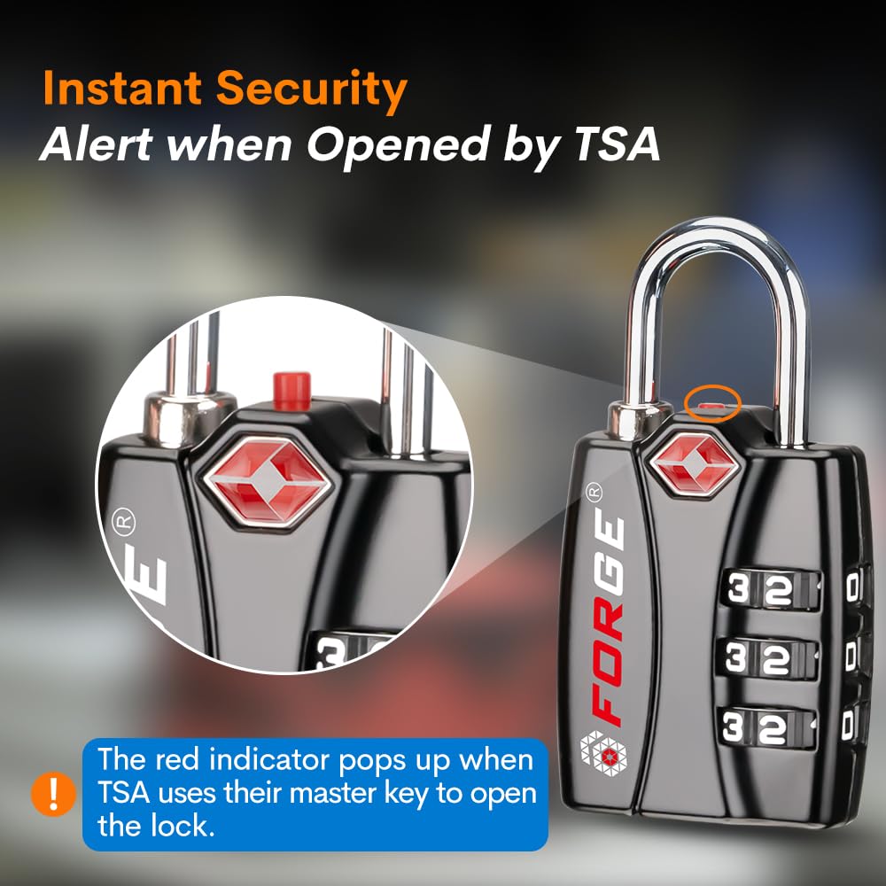 Forge TSA Luggage Combination Lock - Open Alert Indicator, Easy Read Dials, Alloy Body- Ideal for Travel, Lockers, Bags (Black 4PK)