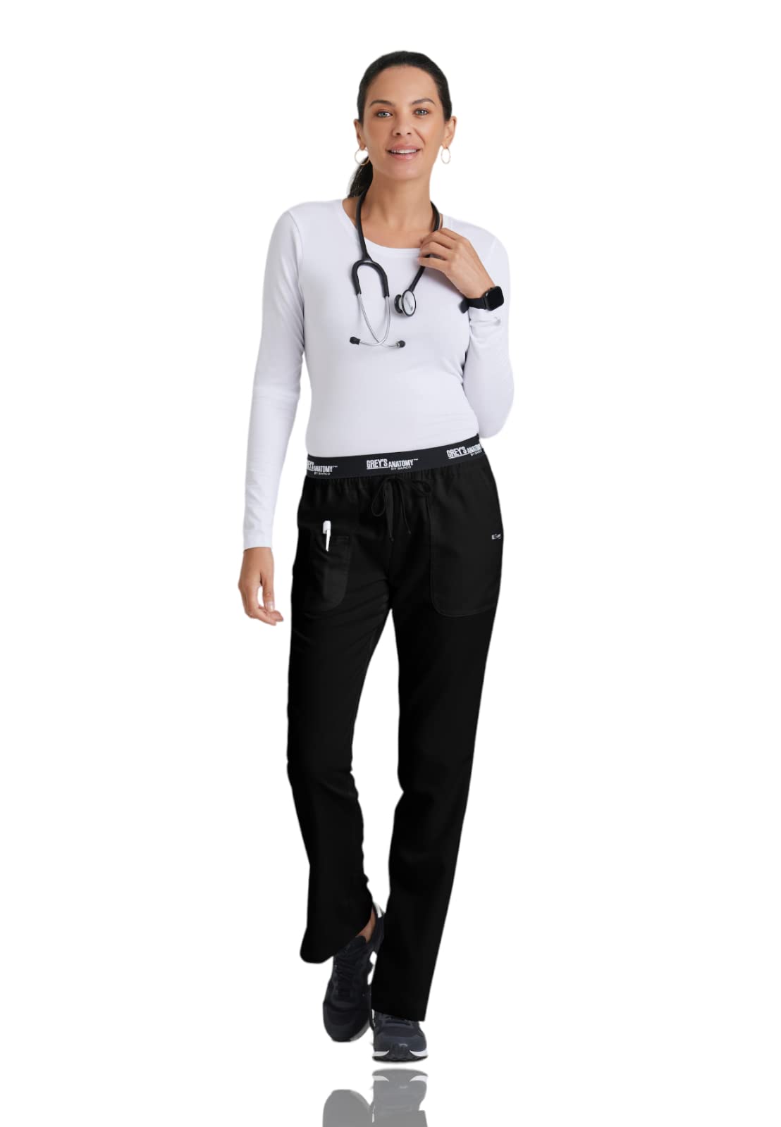 Grey's Anatomy 4275 3 Pkt Logo Waist Pant with Drawstring (Black, XX-Small)