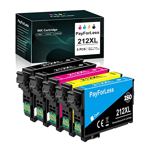 PayForLess Remanufactured 212XL Ink Cartridge for Epson 212XL T212XL 212 XL for Expression Home Epson XP-4100 Epson XP-4105 Workforce WF-2830 WF-2850 Printer 5pack(2 Black Cyan Magenta Yellow)