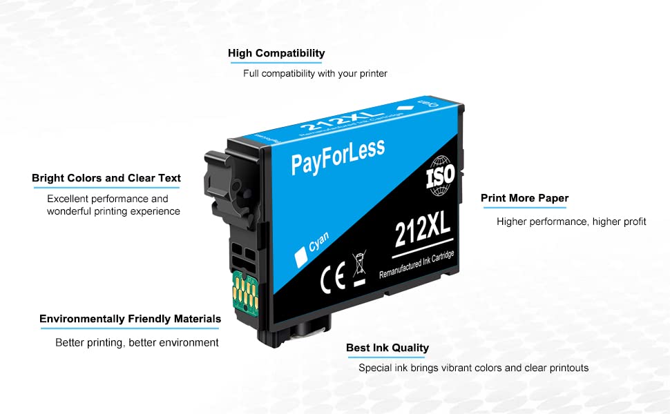 PayForLess Remanufactured 212XL Ink Cartridge for Epson 212XL T212XL 212 XL for Expression Home Epson XP-4100 Epson XP-4105 Workforce WF-2830 WF-2850 Printer 5pack(2 Black Cyan Magenta Yellow)