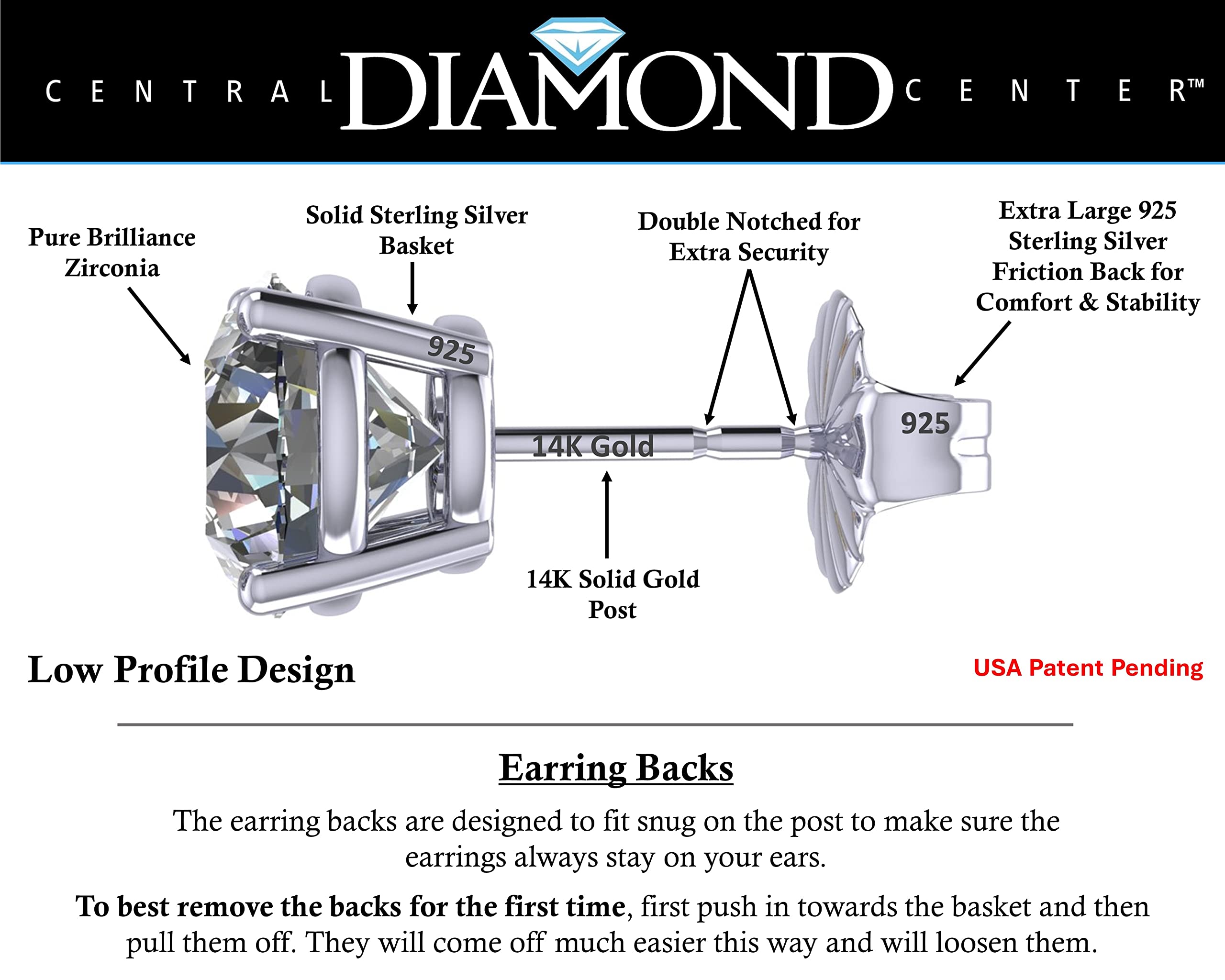 Central Diamond Center 14K Solid Gold Post & Sterling Silver 4 Prong CZ Stud Earrings - Platinum Plated - 5.25mm - 1.00cttw