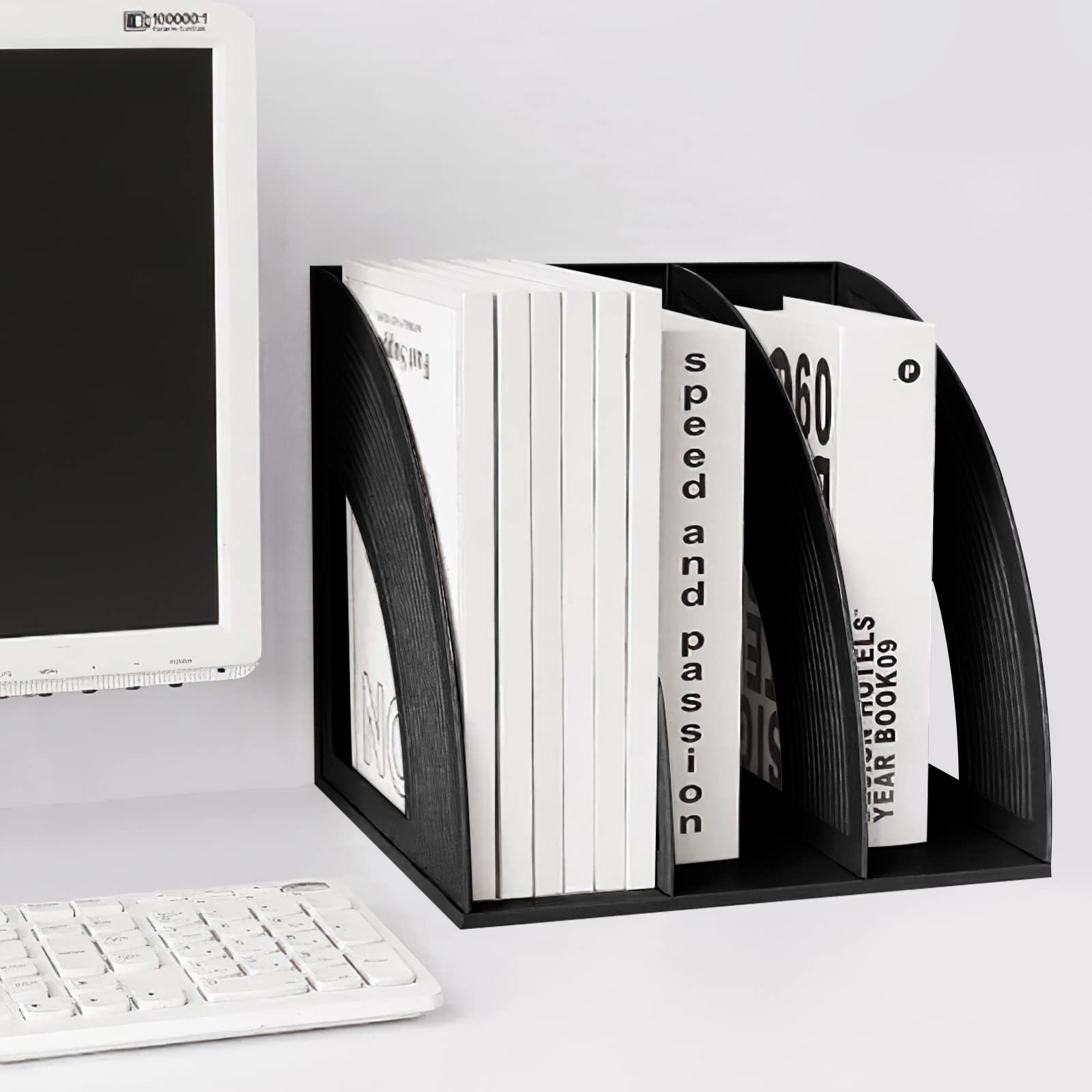 SAYEEC Magazine Holder Sturdy Binder Holder Desk File Sorter Plastic File Folder Organizer Stand Book Shelf Dividers Vertical Storage Rack Desktop Bookshelf Display Box for Office School Home (Black)