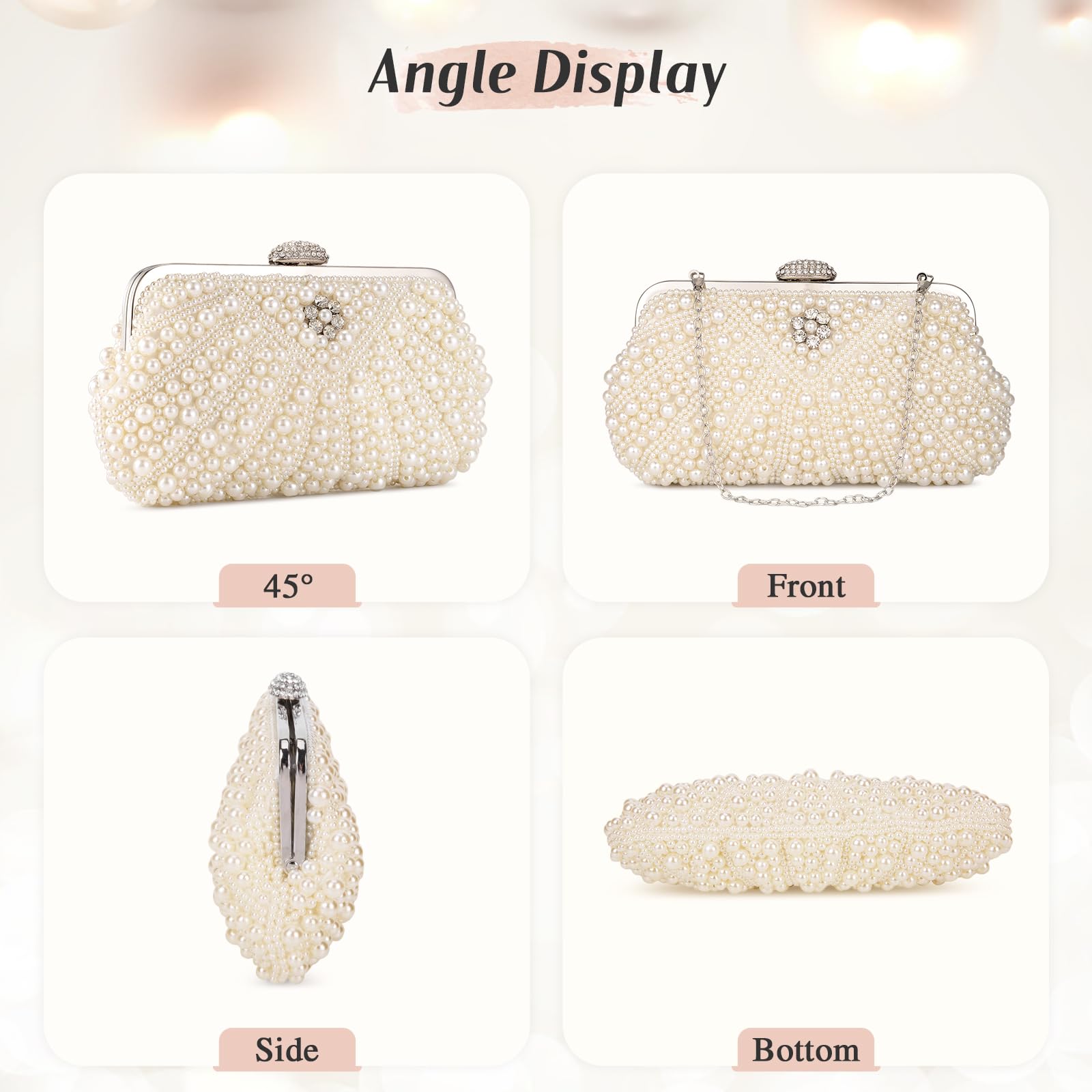 UBORSE Women Pearl Clutch Bag Noble Crystal Beaded Evening Bag Wedding Clutch with Pearl Chain (Cream-coloured)
