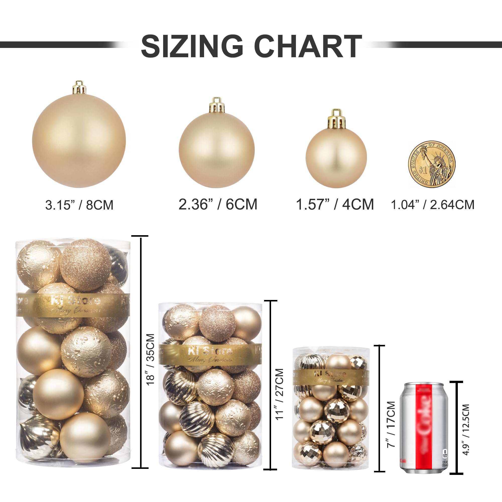 KI Store Champagne Christmas Balls 34pcs 2.36-Inch Christmas Tree Decoration Ornaments for Xmas Tree Holiday Wreath Garland Decor Ornaments Hooks Included