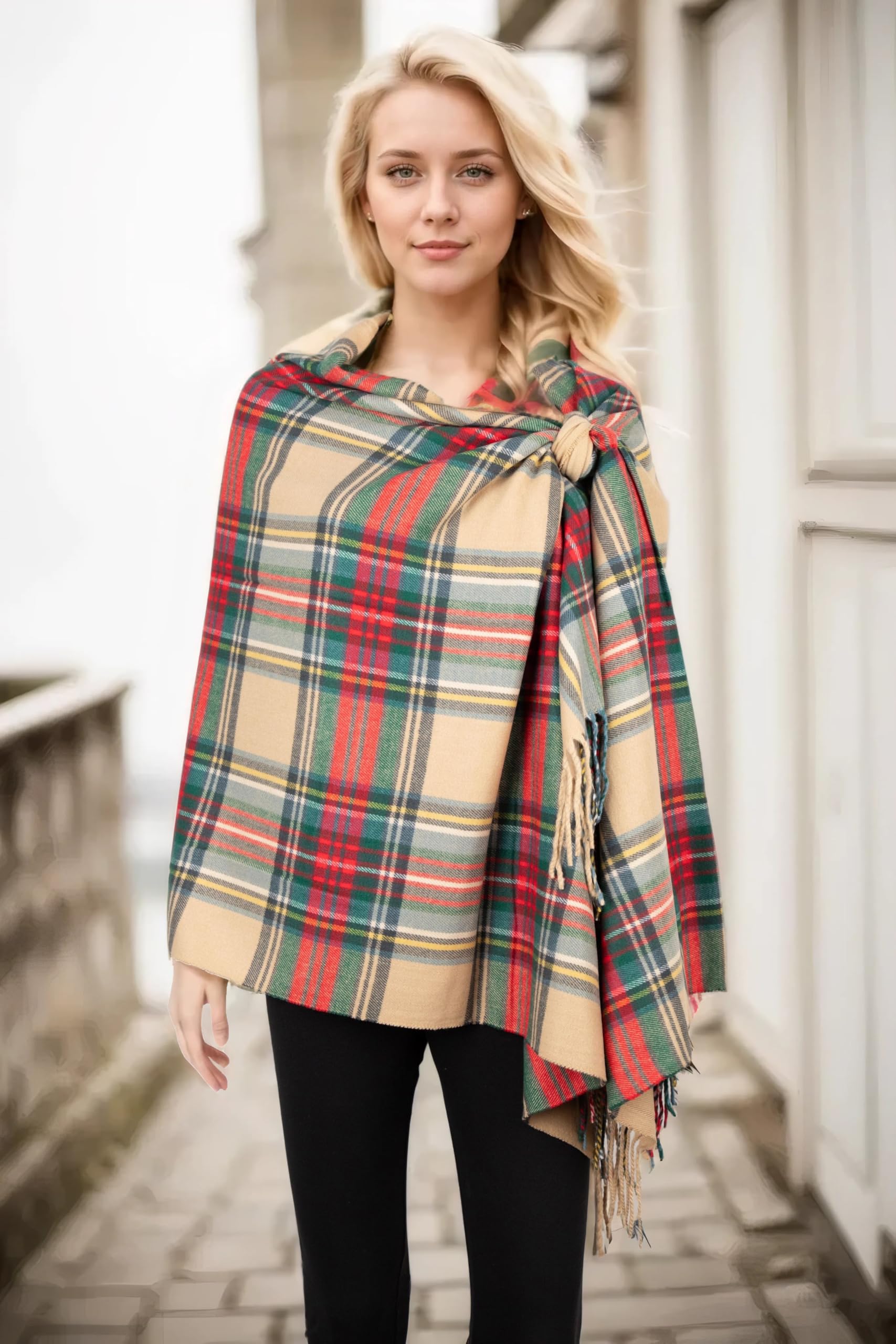 Achillea Long & Wide Scottish Tartan Plaid Large Cashmere Feel Blanket Scarf Check Shawl Wrap 80" x 29" (Khaki Tartan)