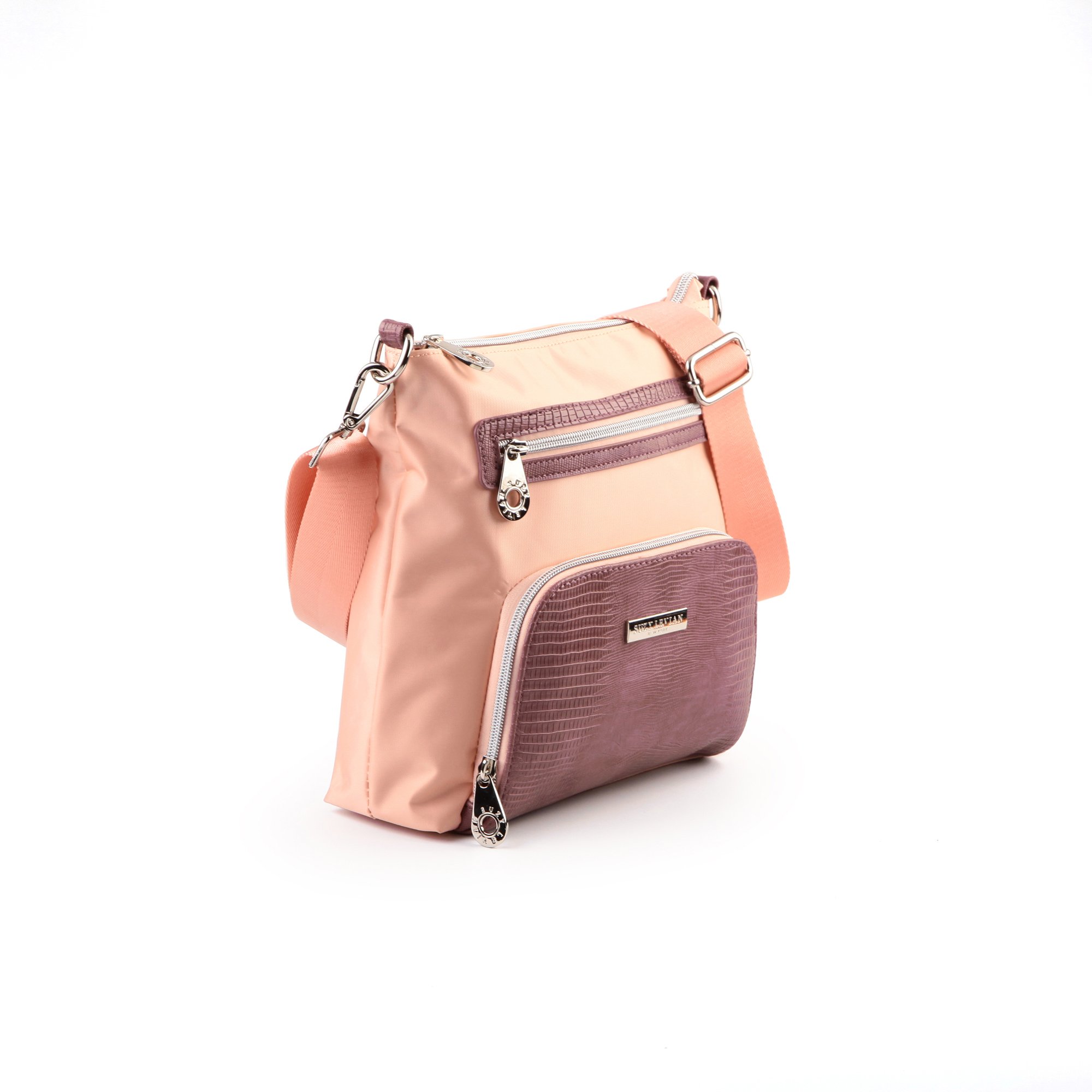 Suzy Levian Pink Nylon Faux Crocodile Front Pocket Crossbody Handbag