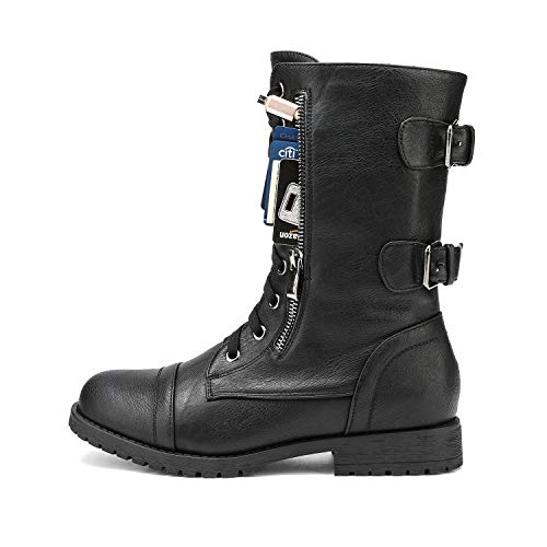 DREAM PAIRS Women's Combat Boots, Mid Calf Built-in Wallet Pocket Lace up Military Ankle Booties,Size 10,Black,TERRAN