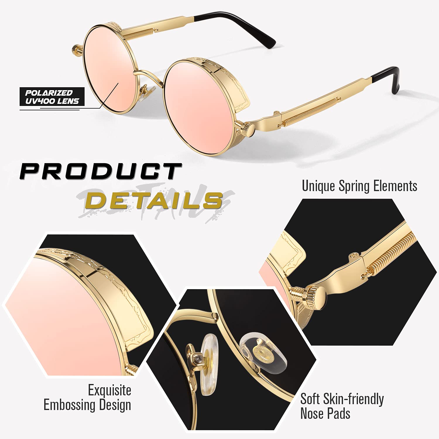 GQUEEN Retro Round Circle Steampunk Sunglasses for Women Men Polarized UV400 Protection,MTS2