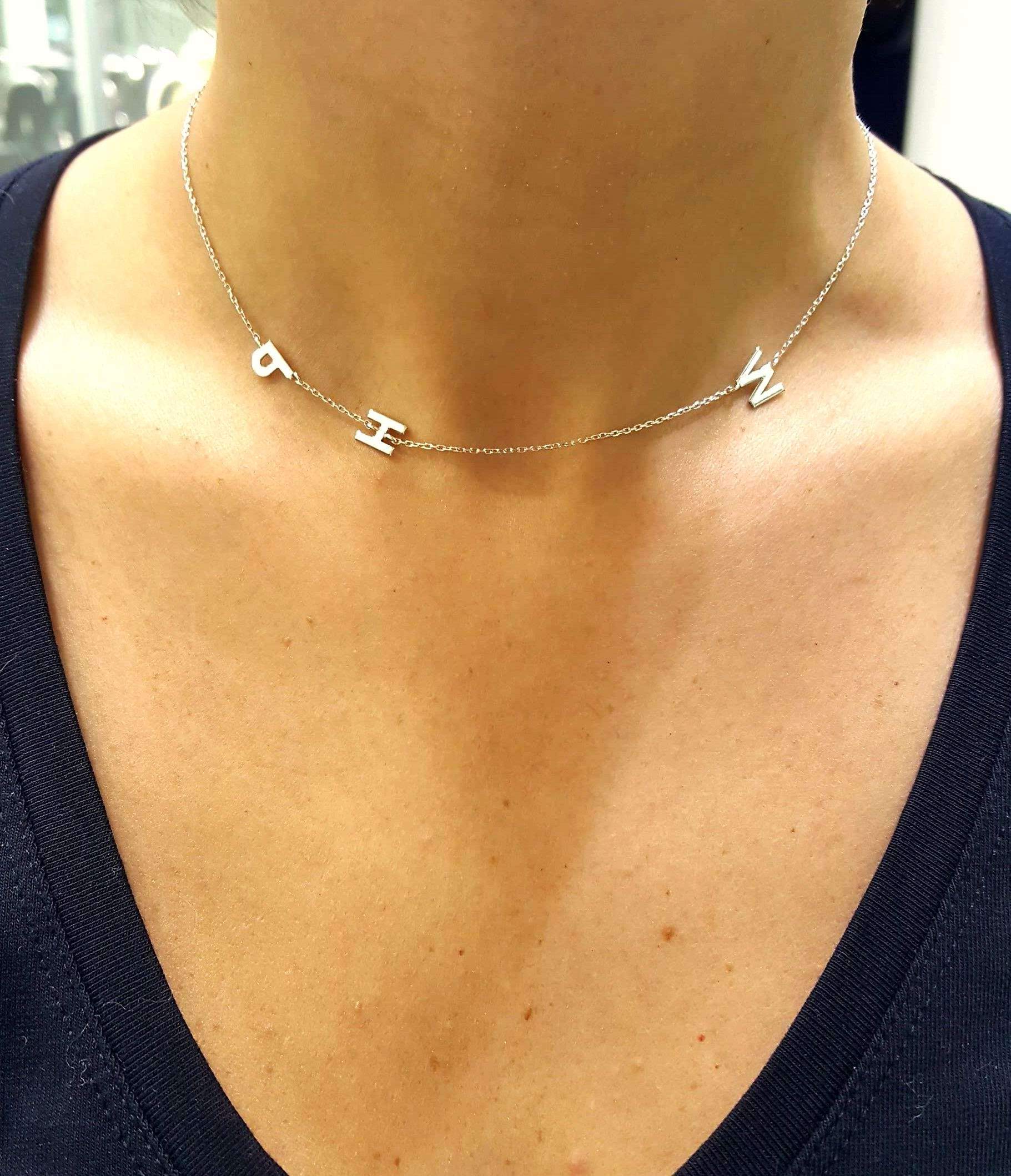 Dainty Initial Letter 14k Solid Gold or Silver Necklace, Minimal Letter Necklace, Gold Multiple 1 2 3 4 Letters Necklace, Bridesmaid Gift, Choker Personalized Sideways Necklace, Jewee Diamond