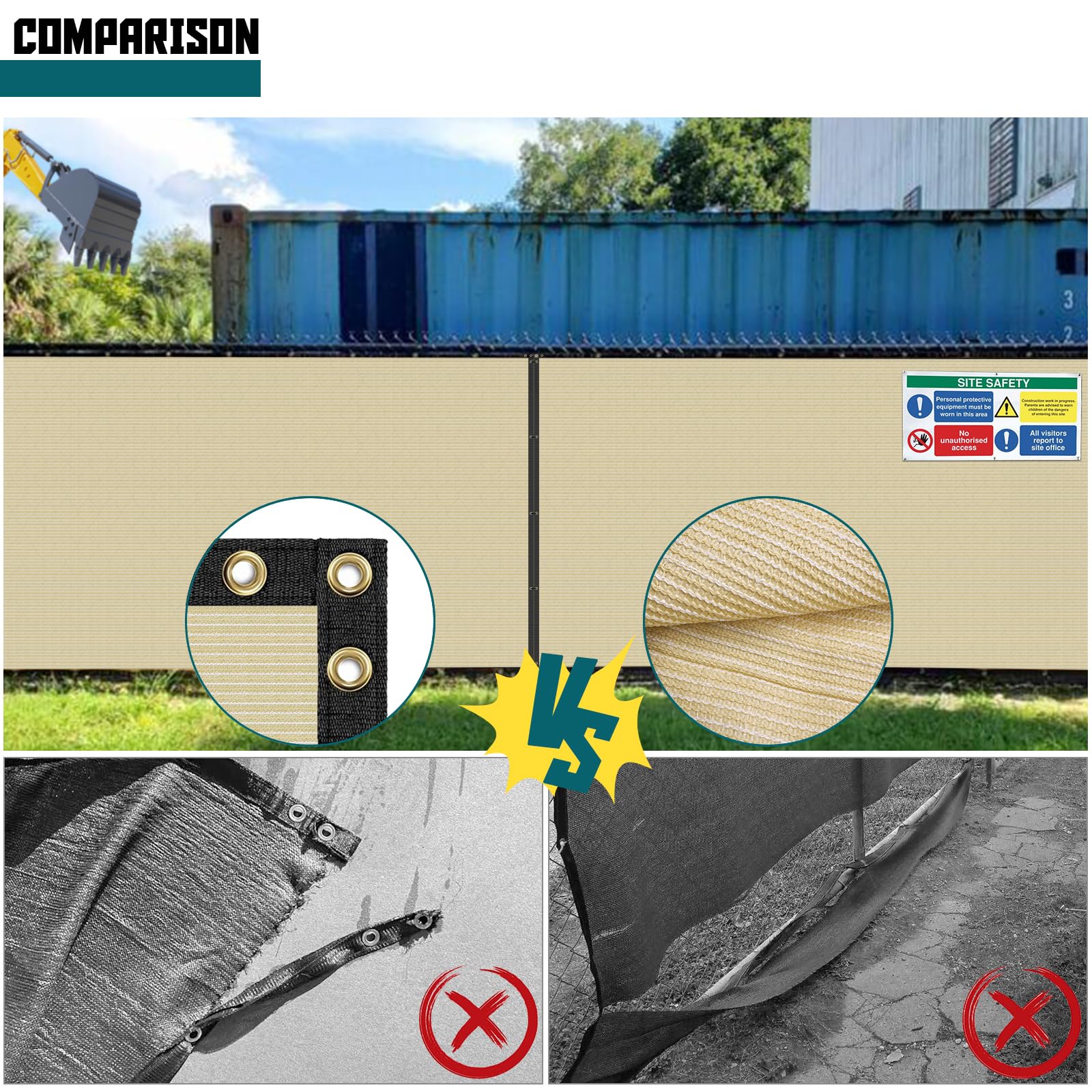TANG 6' x 12' Beige Tan Fence Privacy Screen Fence Privacy Screen Windscreen Fence Netting Cover Privacy Blockage Excellent Airflow for Backyard Garden School with Zipties