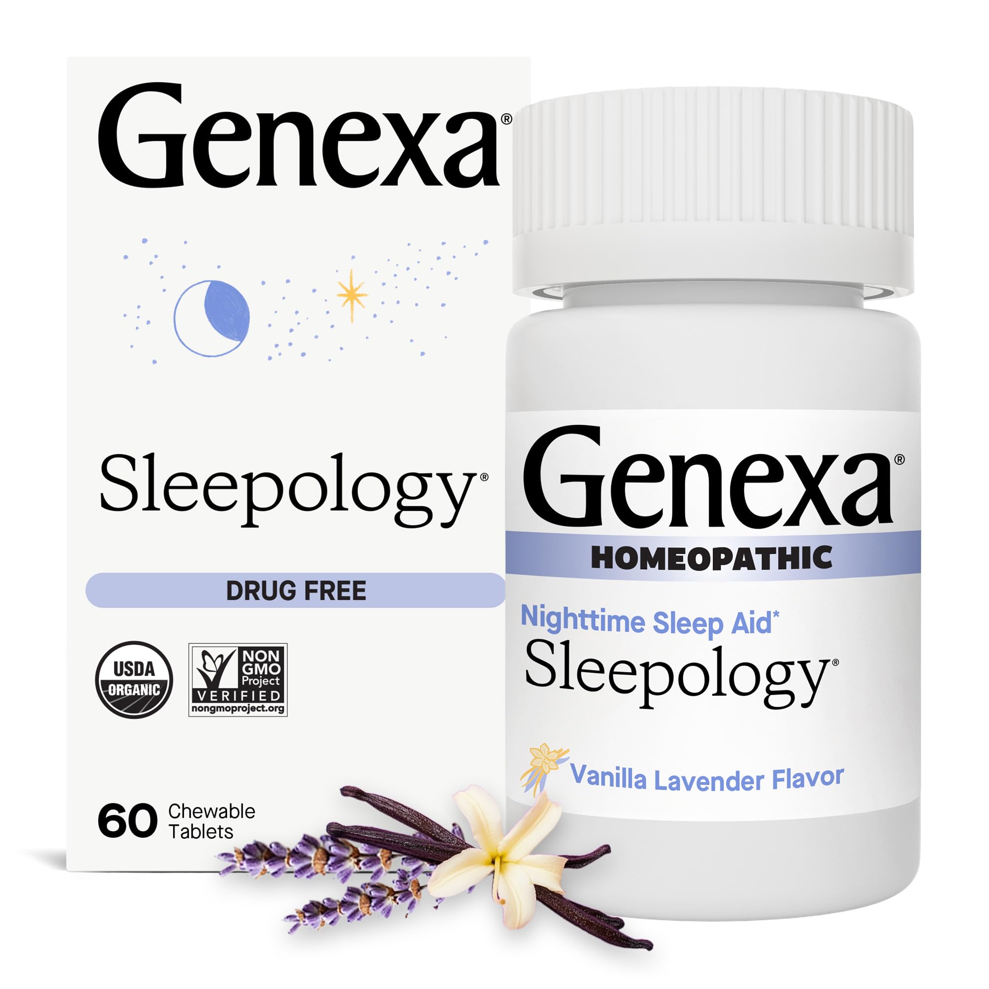 Genexa Sleepology for Adults | Melatonin Free Sleep Calm Aid |Soothing Natural Vanilla & Lavender Flavor | Certified Organic & Non-GMO | Homeopathic Remedy Made Clean | 60 Chewable Tablets