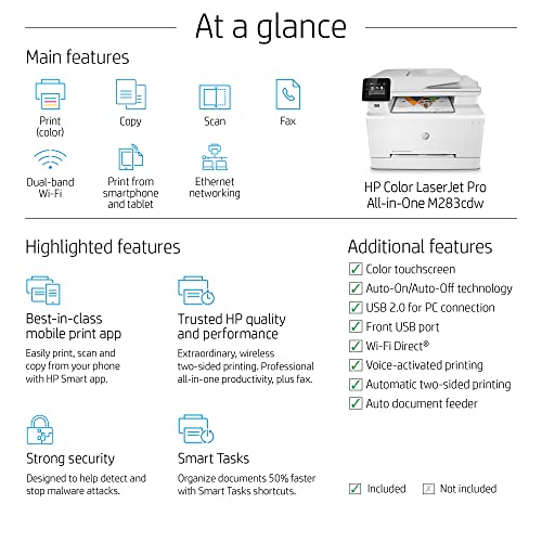 HP Color Laserjet Pro M283cdw AIO - Scan Copy Fax -Wireless Laser Printer, Touchscreen, Up to 600 x 600 dpi, 50-Sheet ADF, 22 ppm, Duplex Printing, White, with Printer Cable