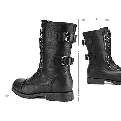 DREAM PAIRS Women's Combat Boots, Mid Calf Built-in Wallet Pocket Lace up Military Ankle Booties,Size 10,Black,TERRAN