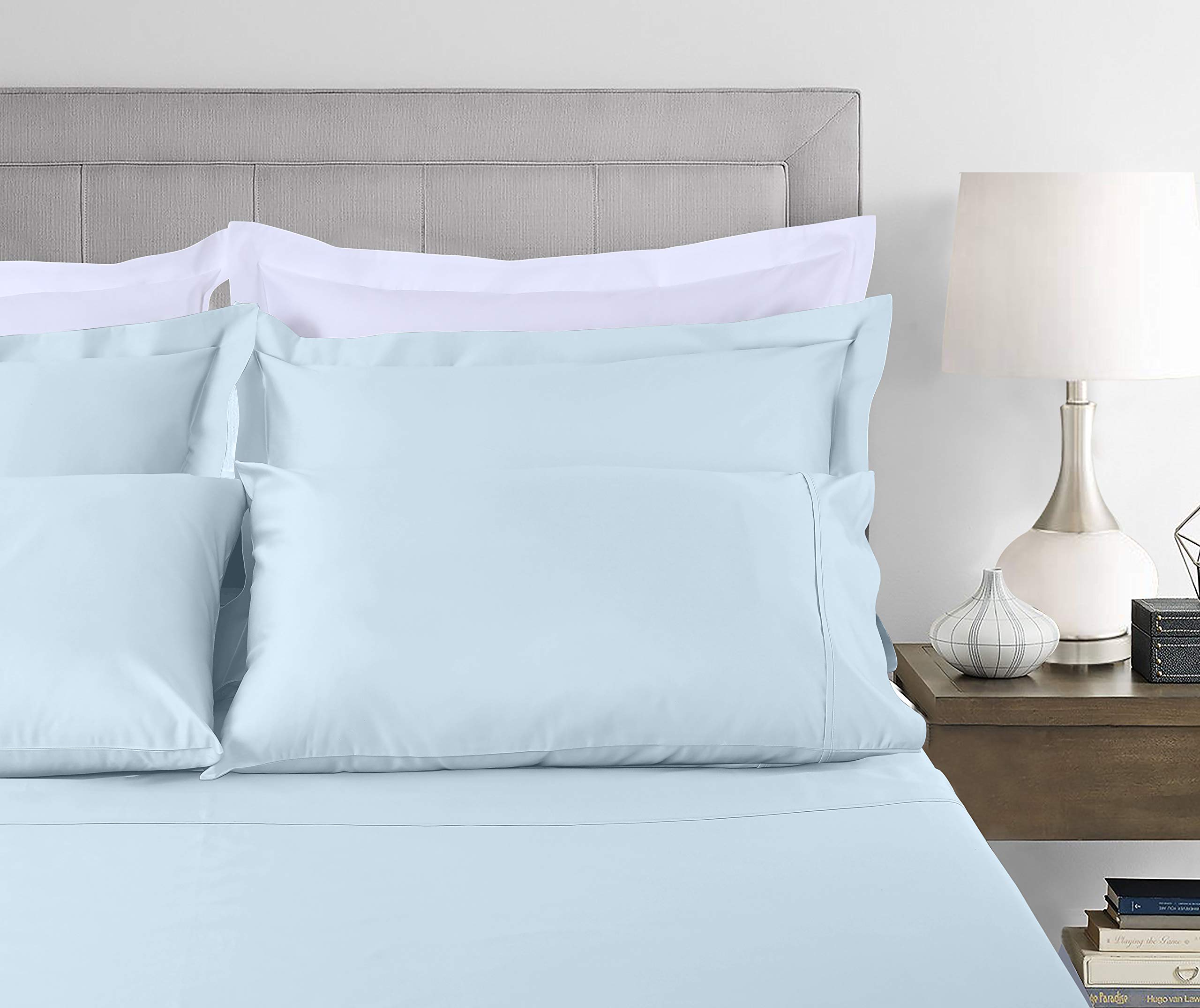 Threadmill Full Size Sheet Set | 100% Cotton Sheets | Solid Sateen Full Bed Sheets Set with 16' Elasticized Deep Pocket | Soft Breathable 4-Piece Cooling Sheet Set | Light Blue