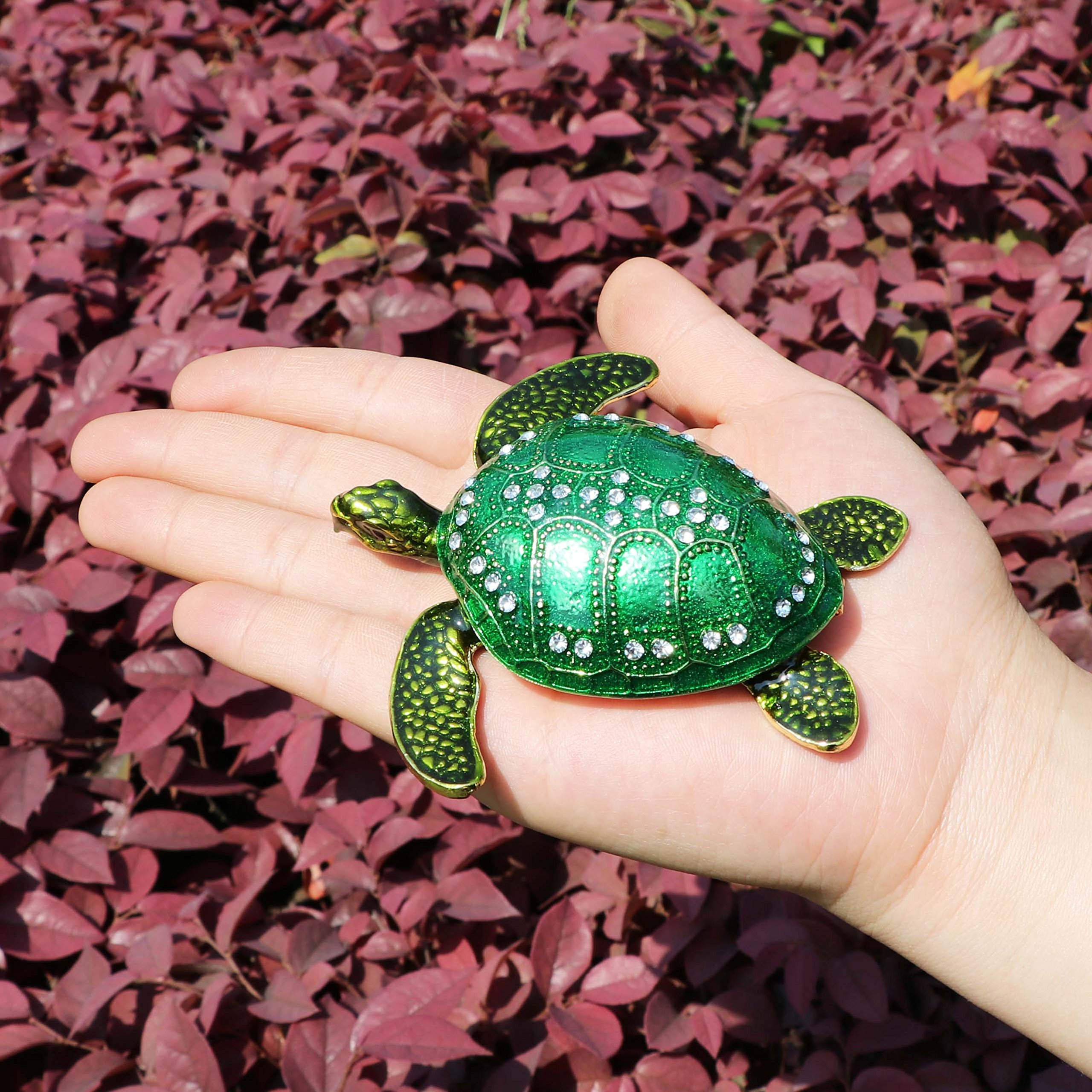 Waltz&F Sea Turtle Crystal Studded Pewter Jewelry Trinket Box Bejeweled Hand-painted Ring Holder Mother`s day Gift