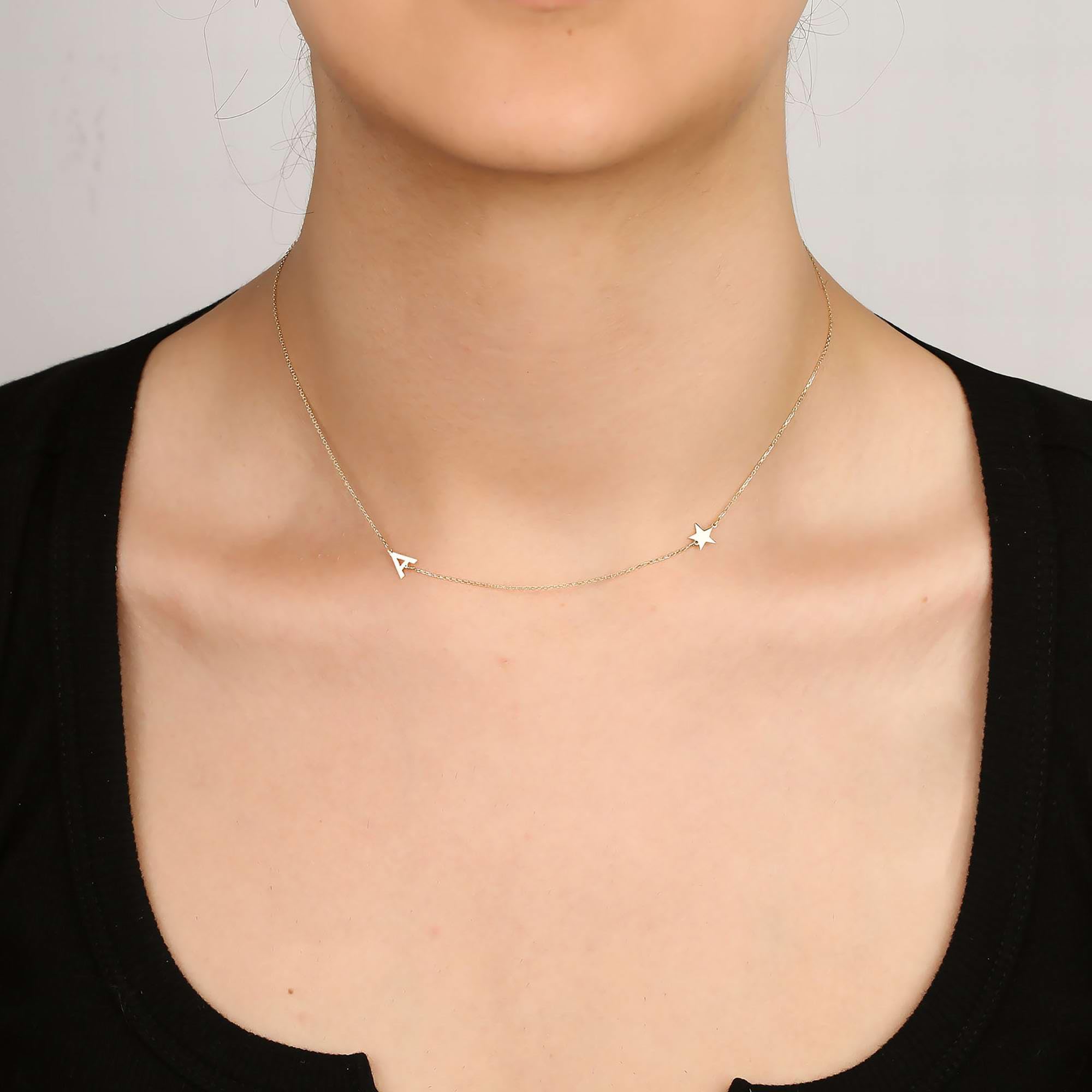 Dainty Initial Letter 14k Solid Gold or Silver Necklace, Minimal Letter Necklace, Gold Multiple 1 2 3 4 Letters Necklace, Bridesmaid Gift, Choker Personalized Sideways Necklace, Jewee Diamond
