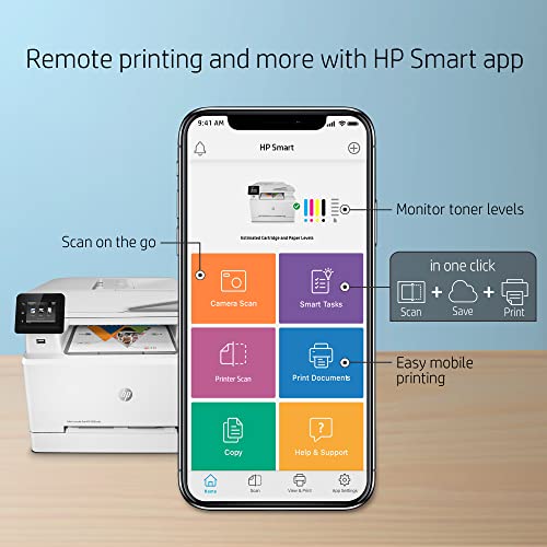 HP Color Laserjet Pro M283cdw AIO - Scan Copy Fax -Wireless Laser Printer, Touchscreen, Up to 600 x 600 dpi, 50-Sheet ADF, 22 ppm, Duplex Printing, White, with Printer Cable